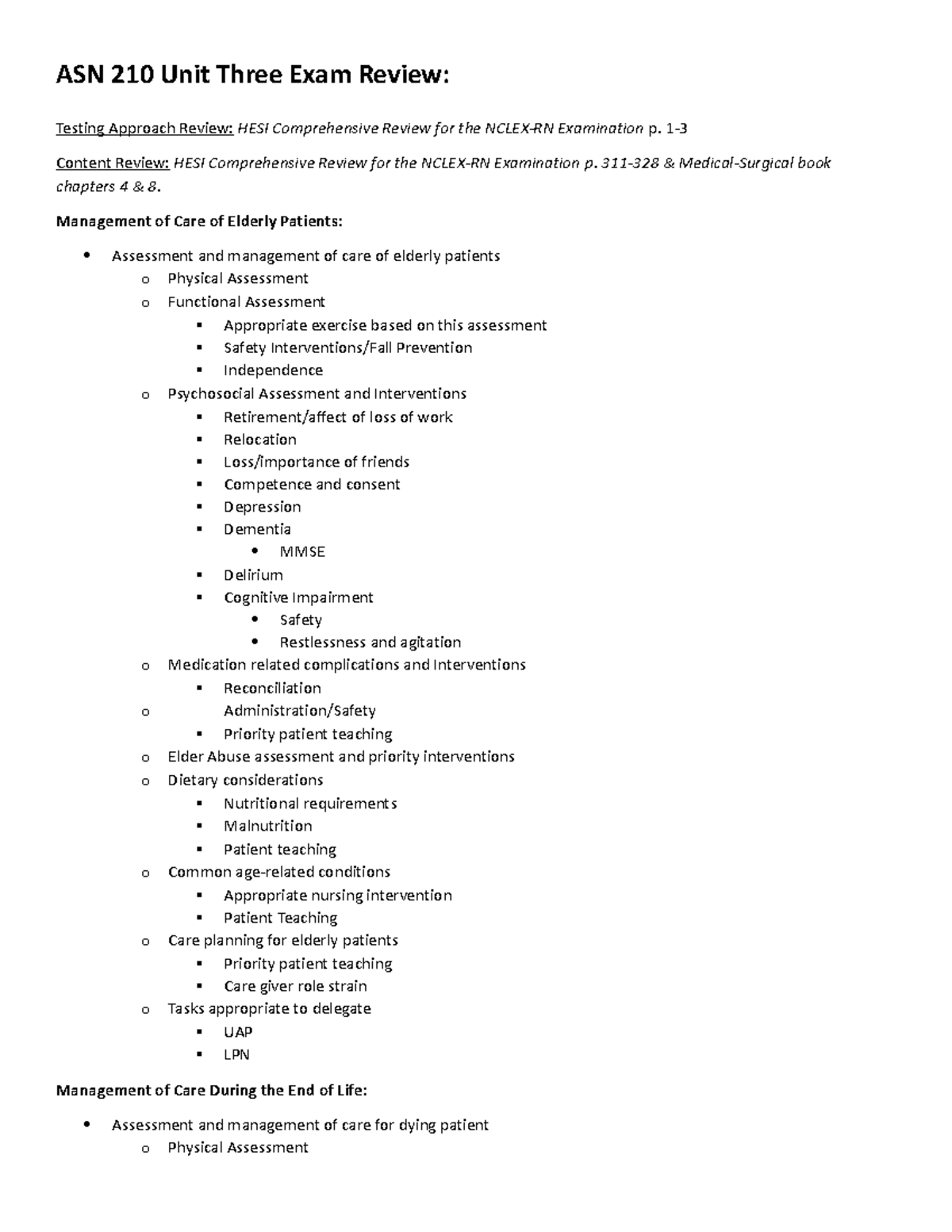 Unit 3 exam outline-1 - study guide outline - ASN 210 Unit Three Exam ...