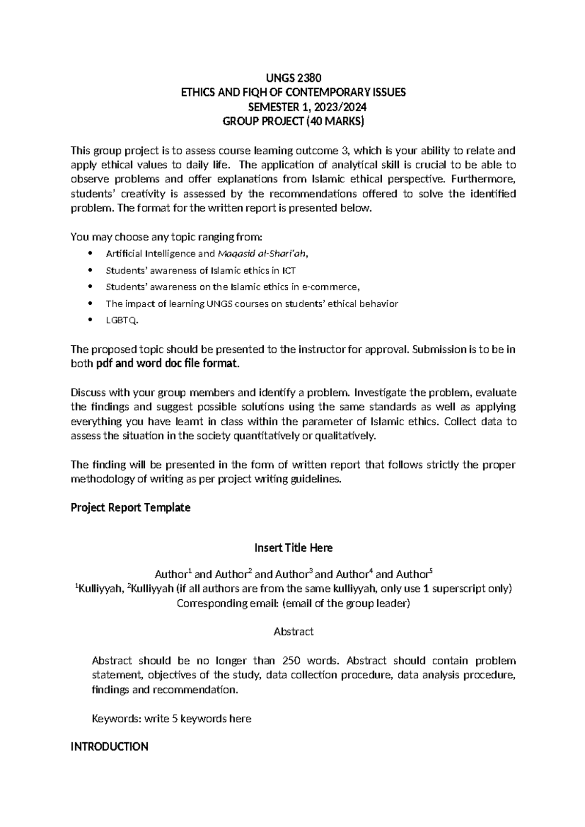 UNGS 2380 Group Project Sem 1 23-24 - UNGS 2380 ETHICS AND FIQH OF ...
