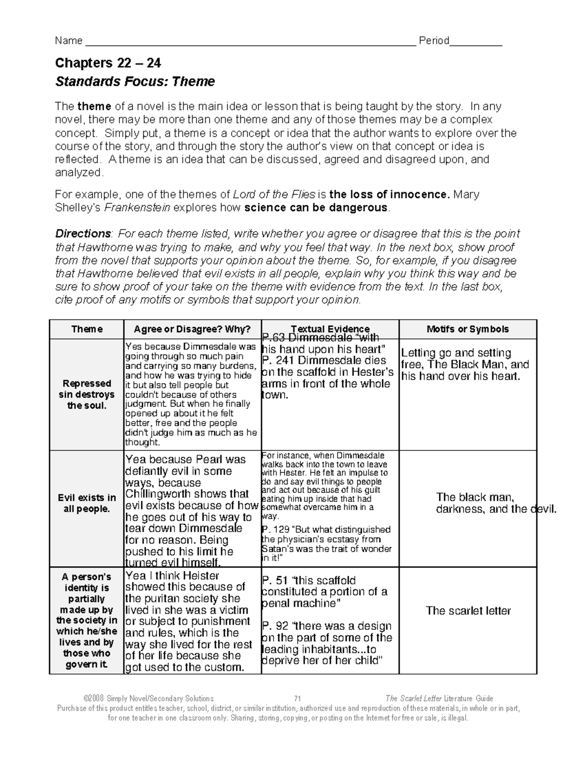 The Scarlet Letter - Theme - Name Period © 2008 Simply Novel/Secondary ...