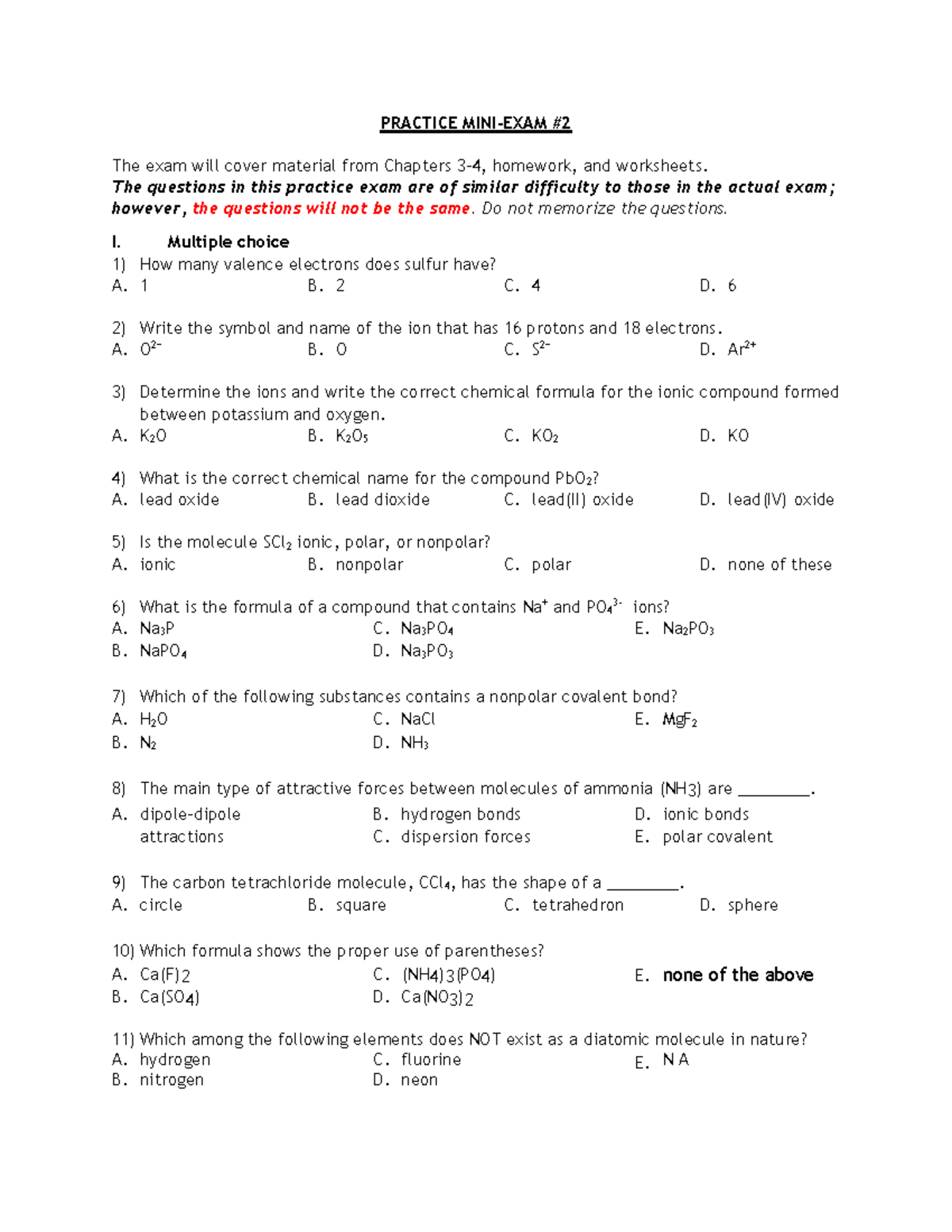 Practice MINI EXAM 2 - Aguirre - PRACTICE MINI-EXAM The exam will cover ...