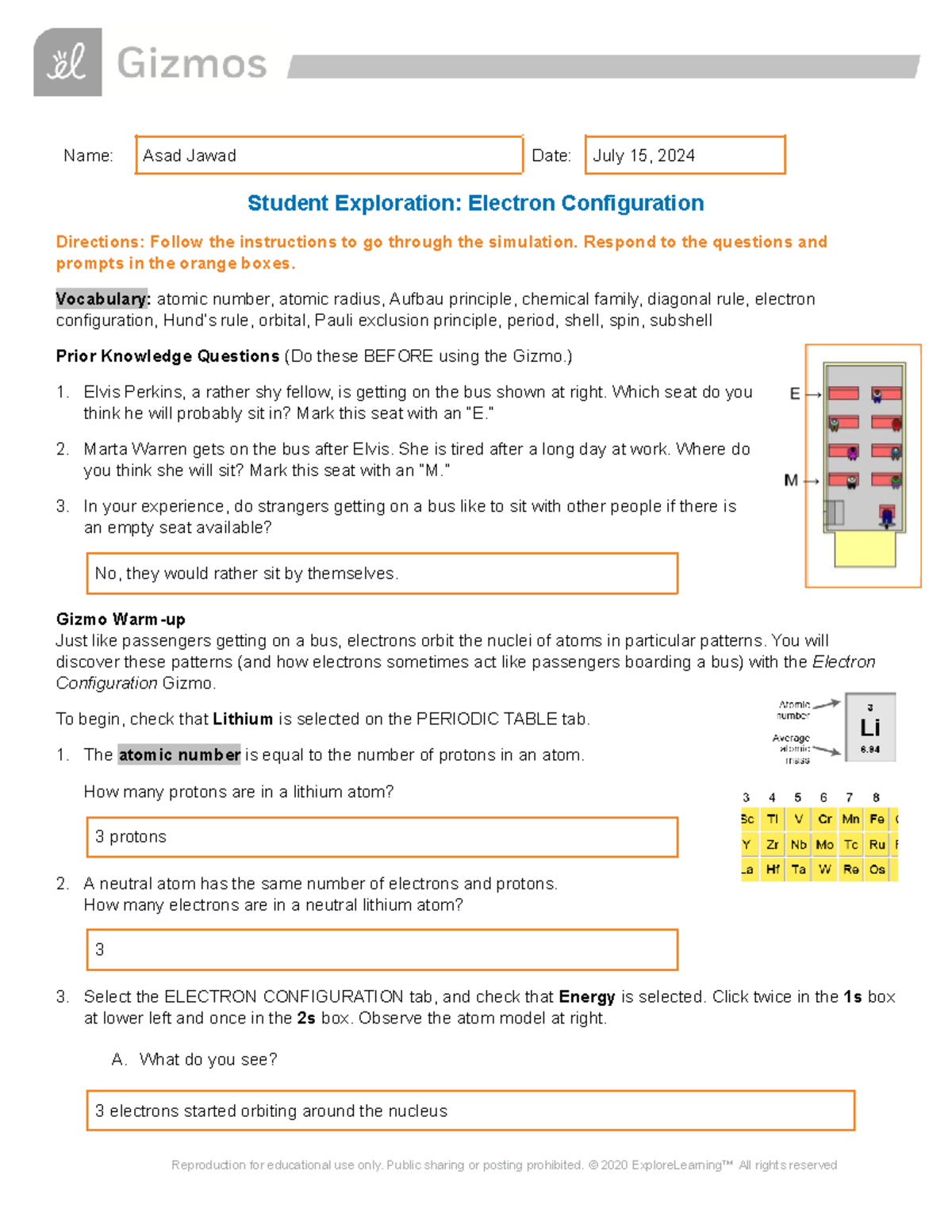 Copy of Electron Configuration Gizmo Student Lab worksheet - Name: Asad ...