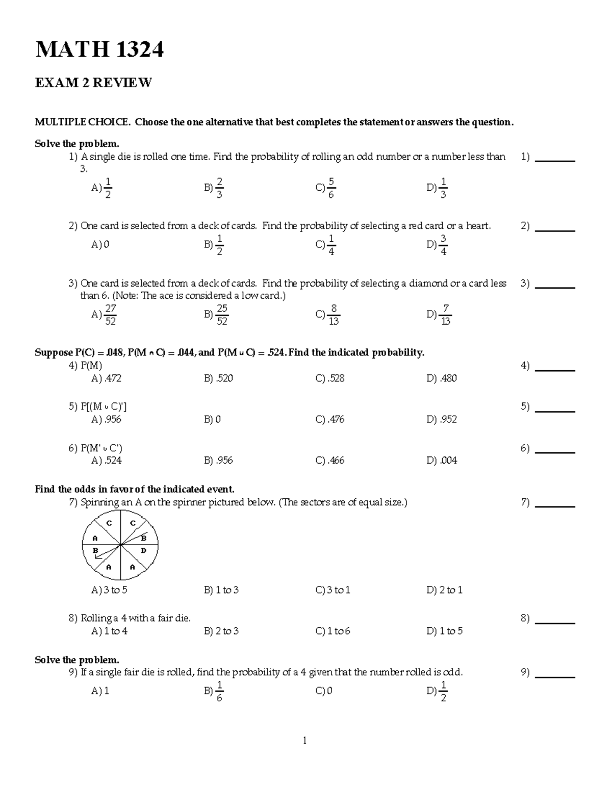 Math1324Exam12pracruce - MATH 1324 EXAM 2 REVIEW MULTIPLE CHOICE ...