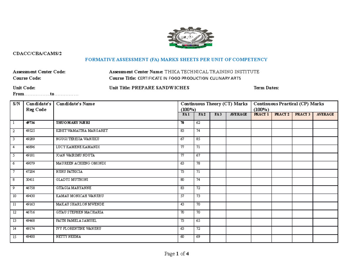 Formative Assessment Marks Sheet F CCA 1 A Sandwiches - CDACC/CBA/CAMS ...