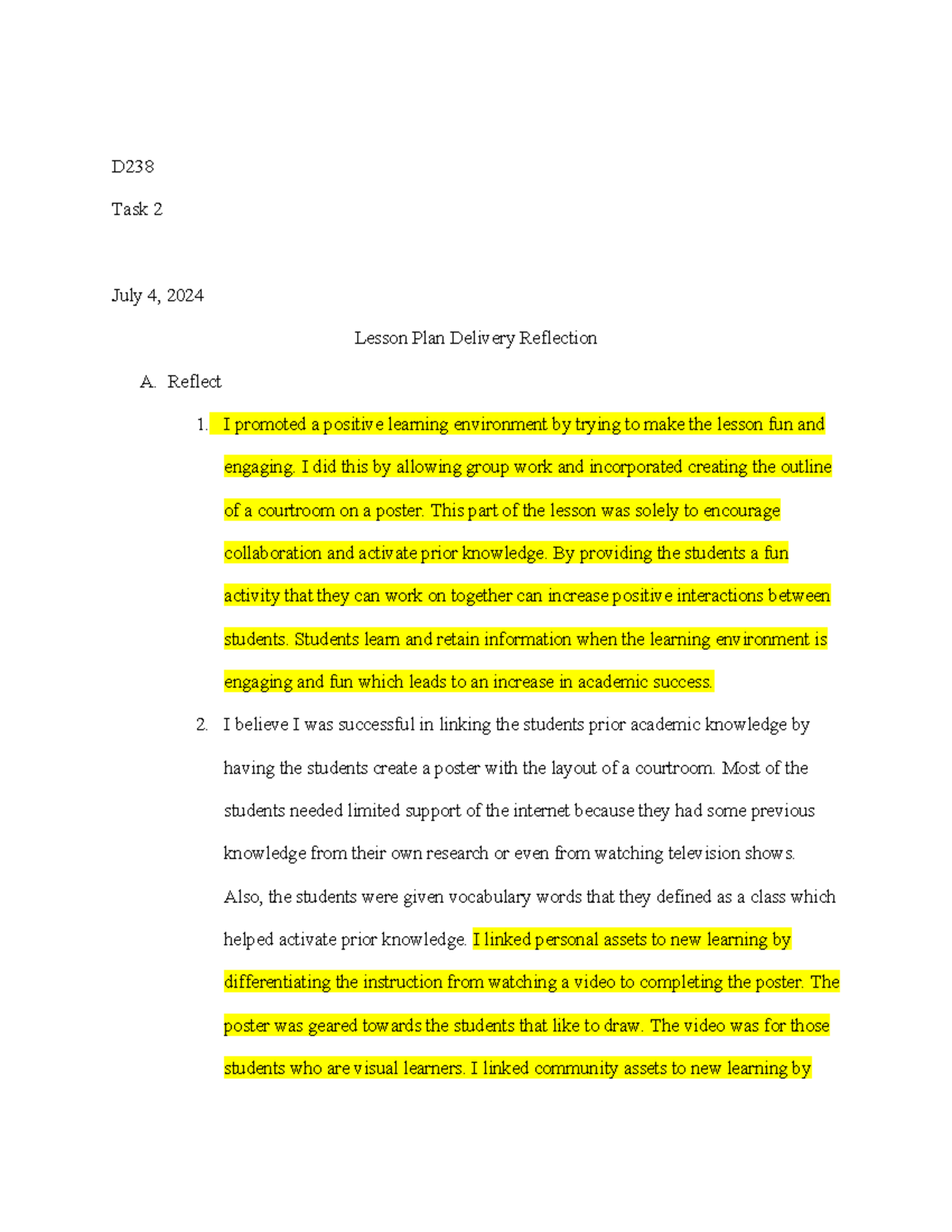 OWM2 Task 2 - Lesson Plan Reflection - D Task 2 July 4, 2024 Lesson ...