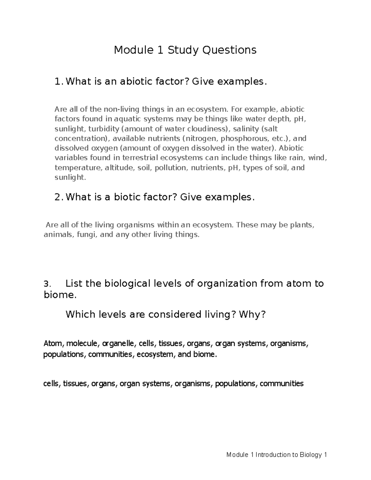 Module 1 Study Questions - Module 1 Study Questions 1 is an abiotic ...