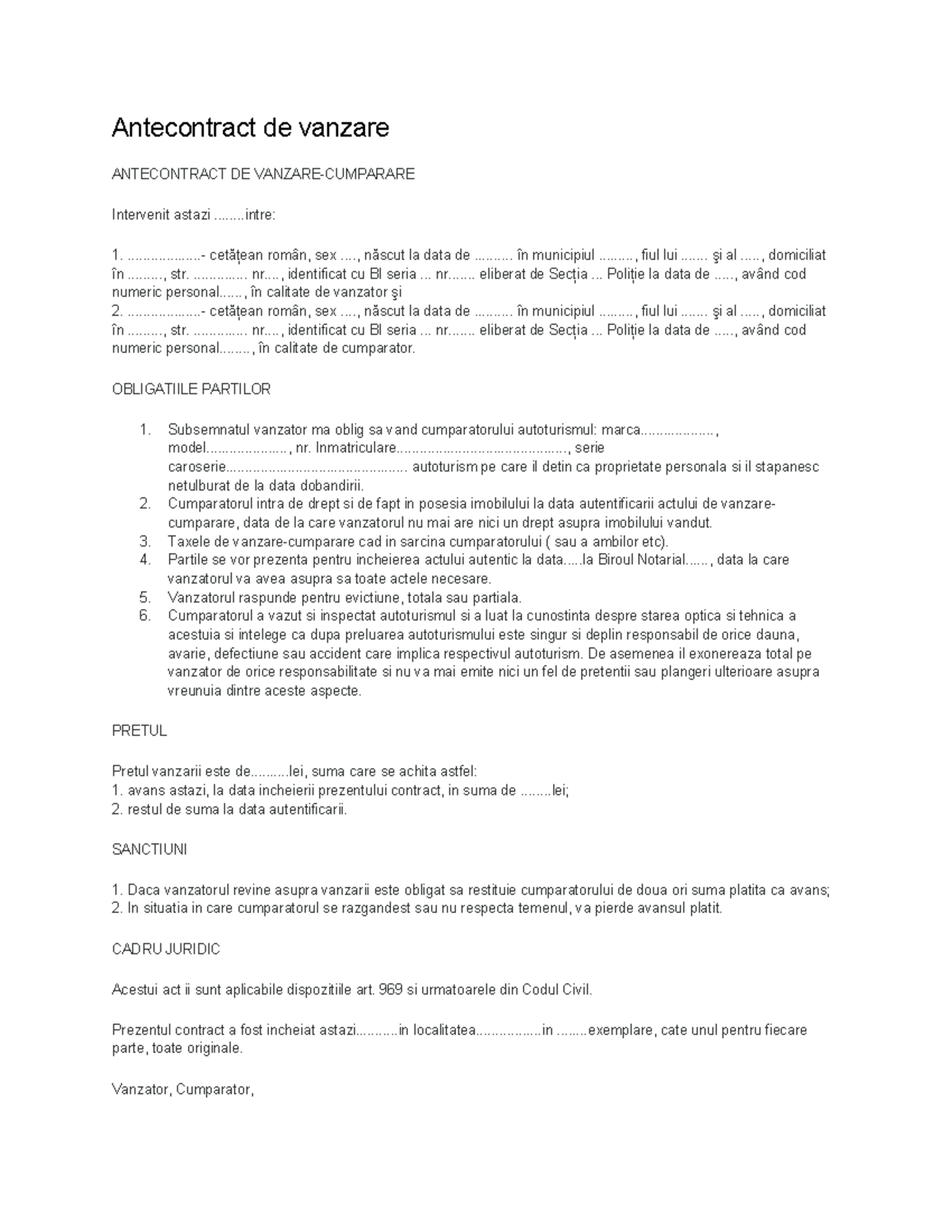 Ante-contract vanzare cumparare auto - Antecontract de vanzare ...