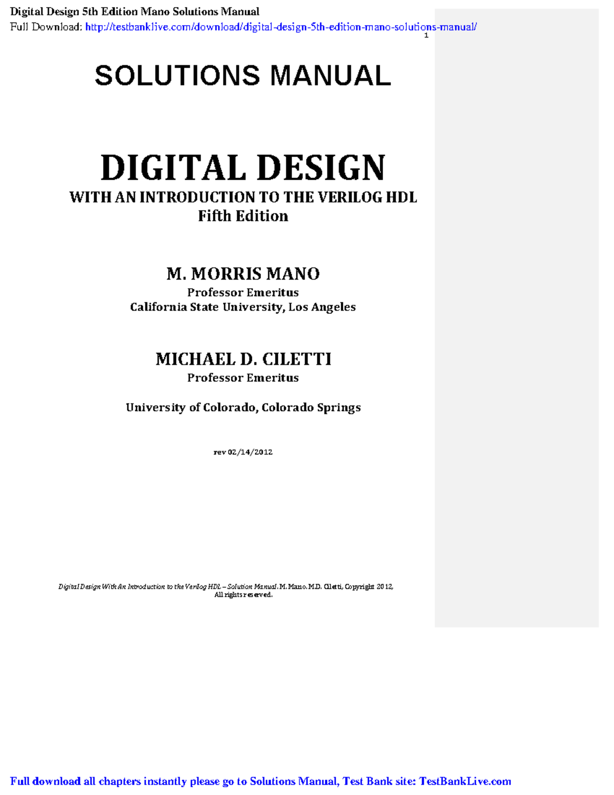 Digital Design 5th edition Mano Solution - Digital Design With An Introduction to the Verilog ...