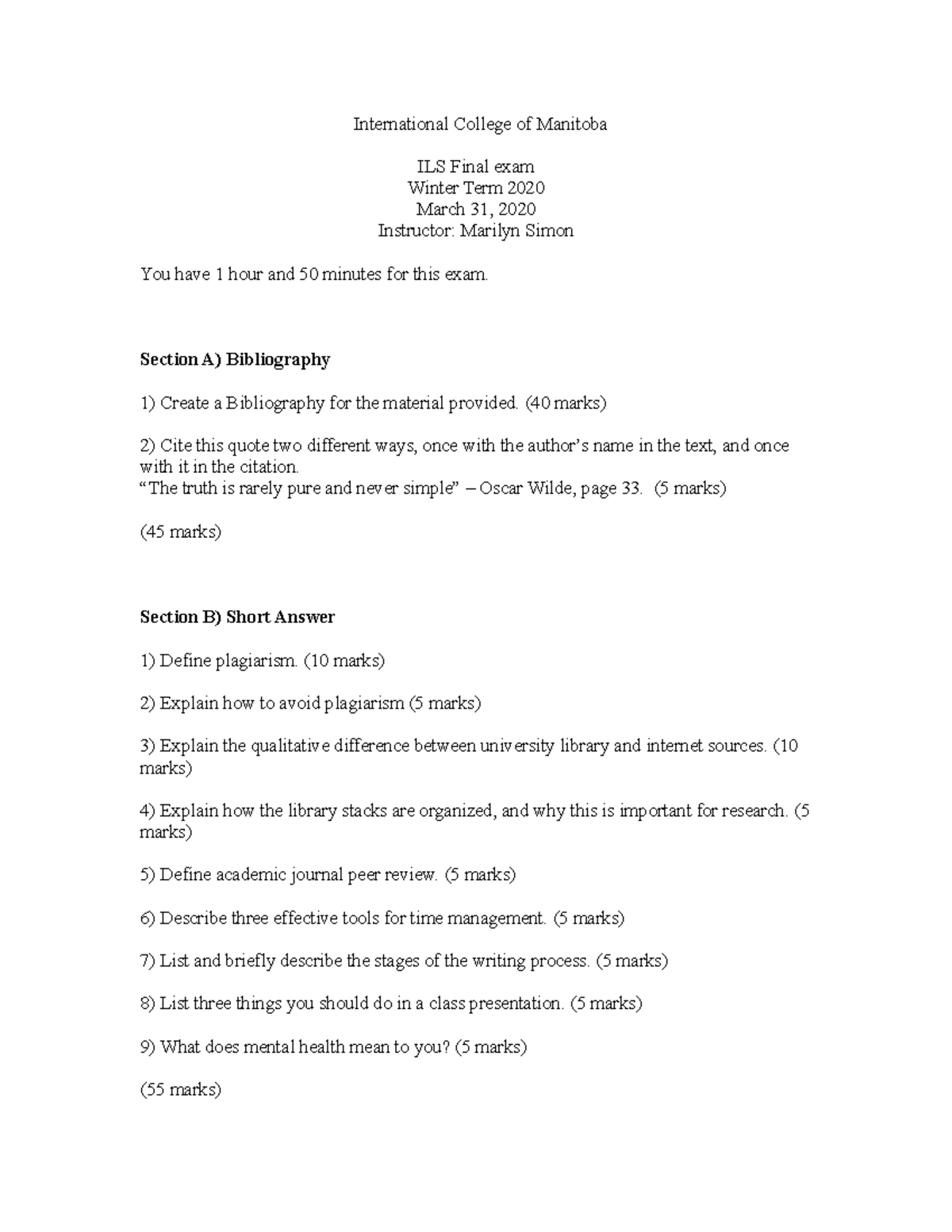 Final Exam 3 April Winter 2020, questions - International College of ...