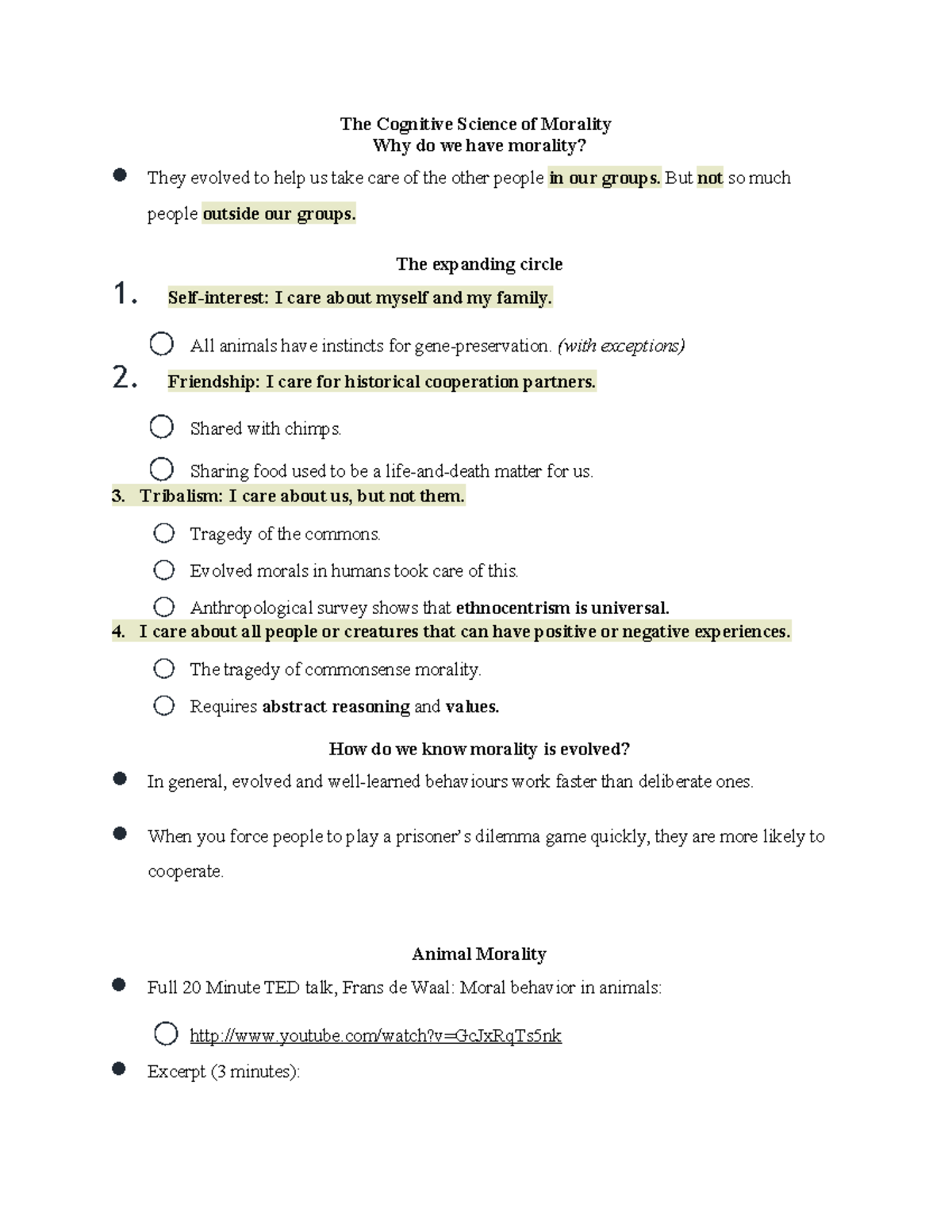 Notes for quiz 2 - The Cognitive Science of Morality Why do we have ...