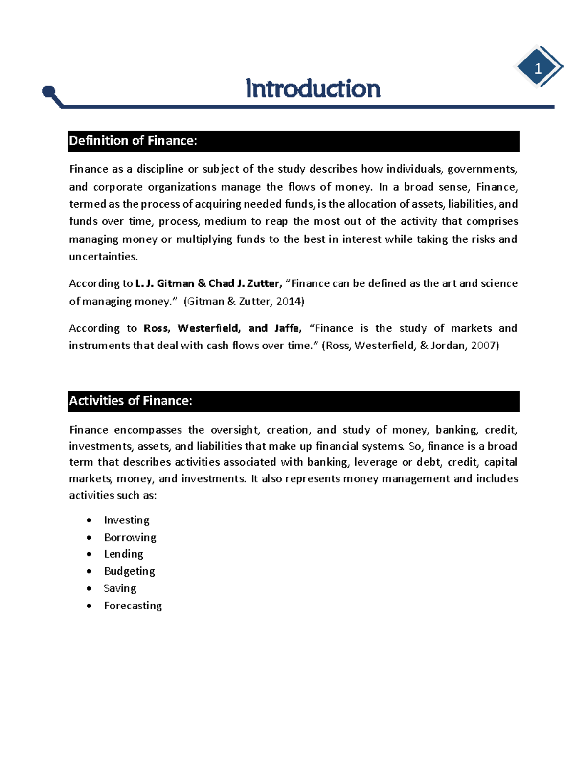 Finance 1 - Definition of Finance: Finance as a discipline or subject ...