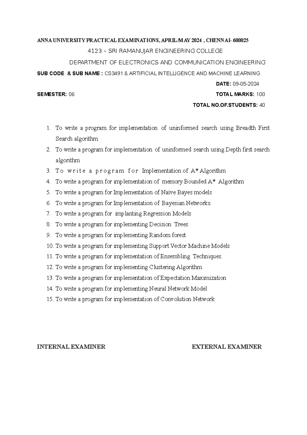 AIML universitynlab question - ANNA UNIVERSITY PRACTICAL EXAMINATIONS ...