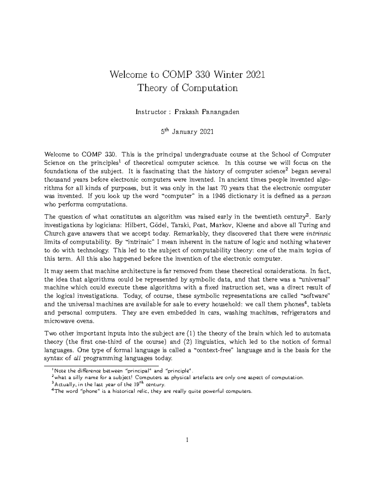 COMP330 course syllabus W2021 - Welcome to COMP 330 Winter 2021 Theory of Computation Instructor ...