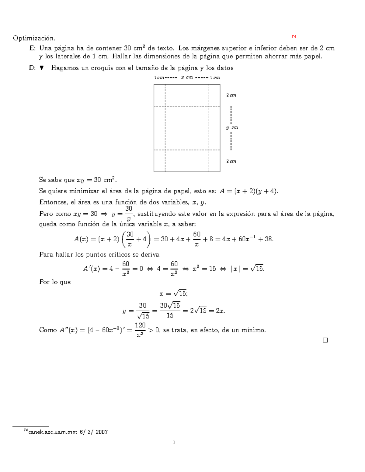 FDApli 74 - Ejercicios - Optimizaci ́on. 74 E: Una p ́agina ha de ...