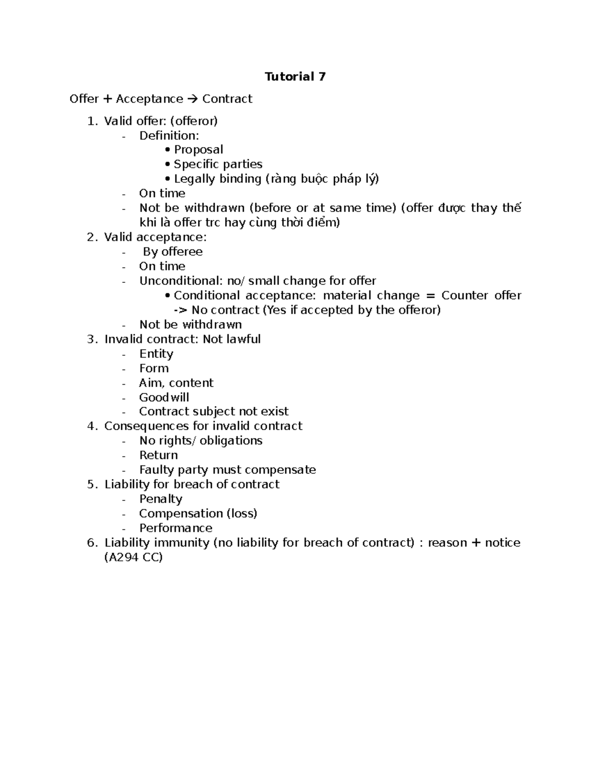 Tutorial 7 Civil Code contract offeraccinvalid - Tutorial 7 Offer ...
