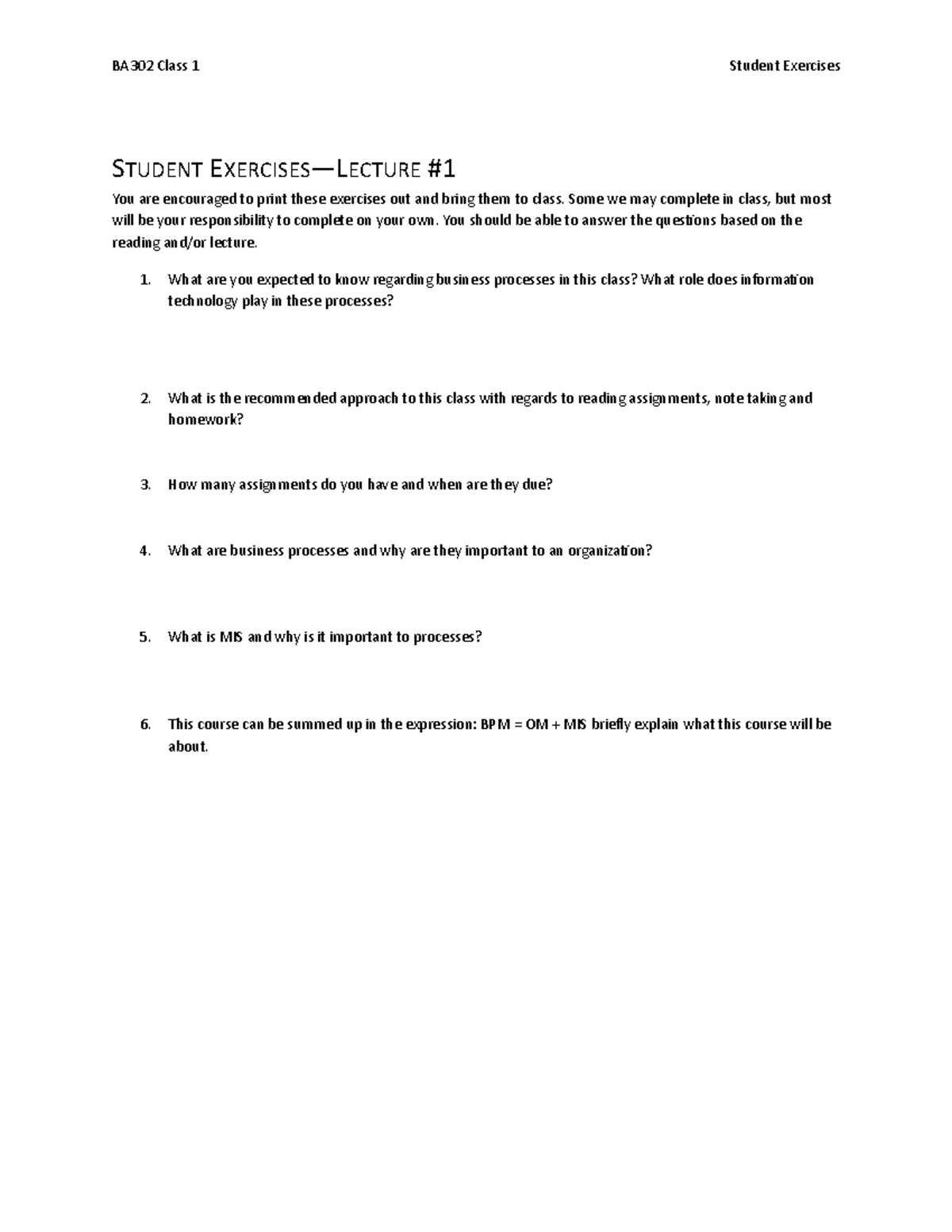 Stud Exer Lect #1 - Stud Exer Lect #1 - BA302 Class 1 Student Exercises ...