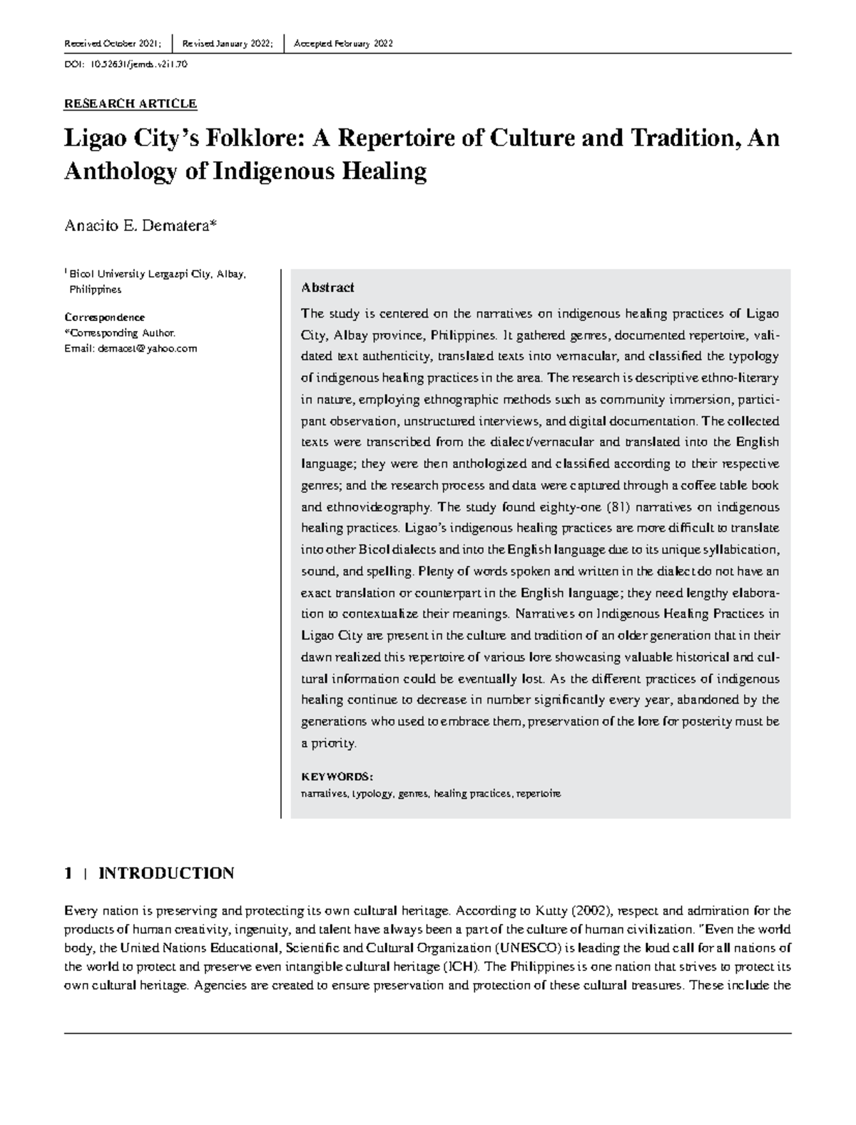 Dematera Ligao CITY S Folklore A Repertoire OF Culture AND Tradition AN ...