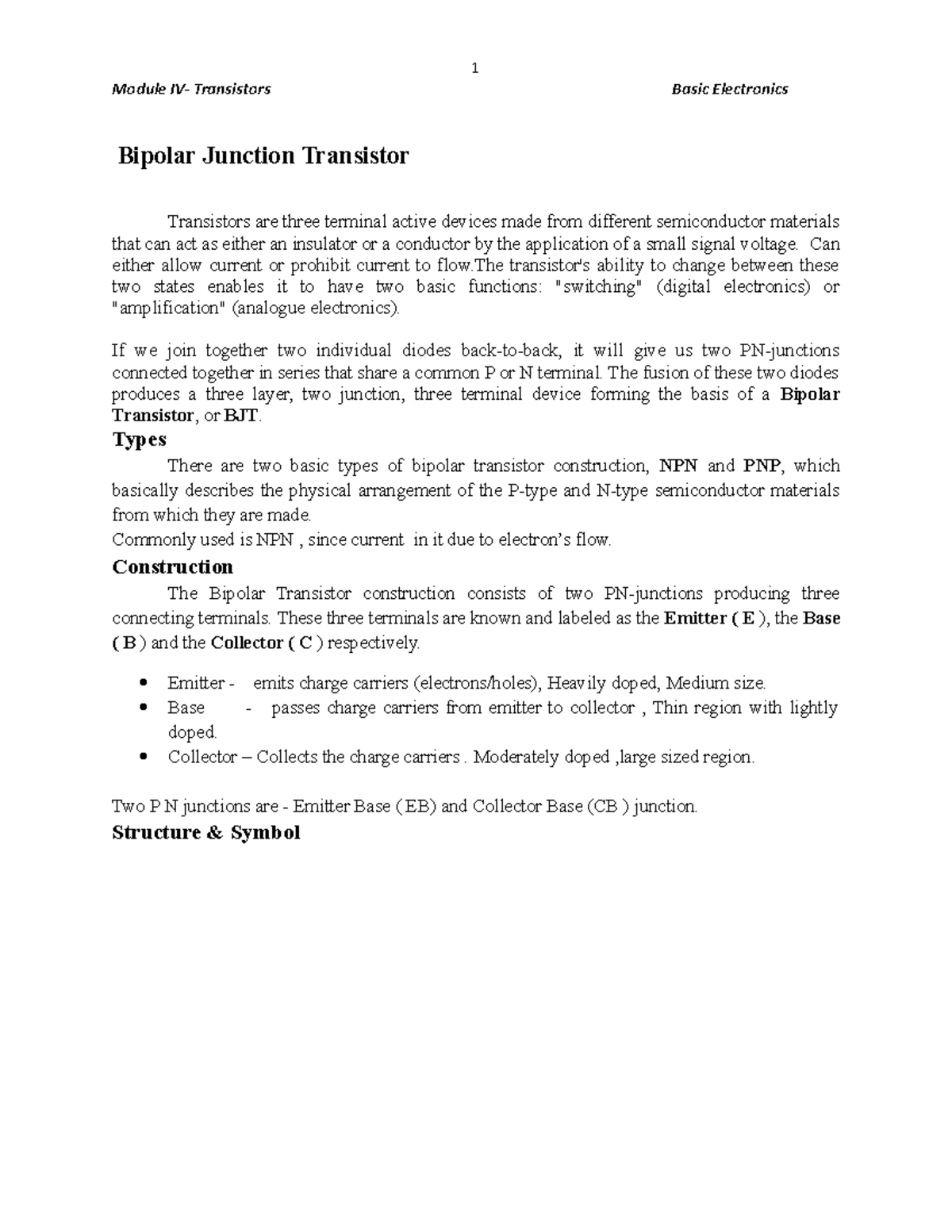Transistor note - supply illand pass avan nokkadei - Module IV- Transistors Basic Electronics ...