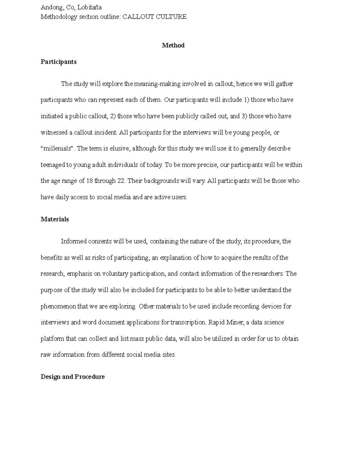 Research Method Outline - Andong, Co, Lobitaña Methodology section ...