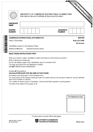 0607 s09 ms 4 - maths - UNIVERSITY OF CAMBRIDGE INTERNATIONAL ...