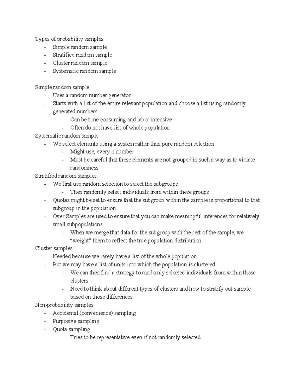 10/23 class notes - Types of probability samples - Simple random sample ...