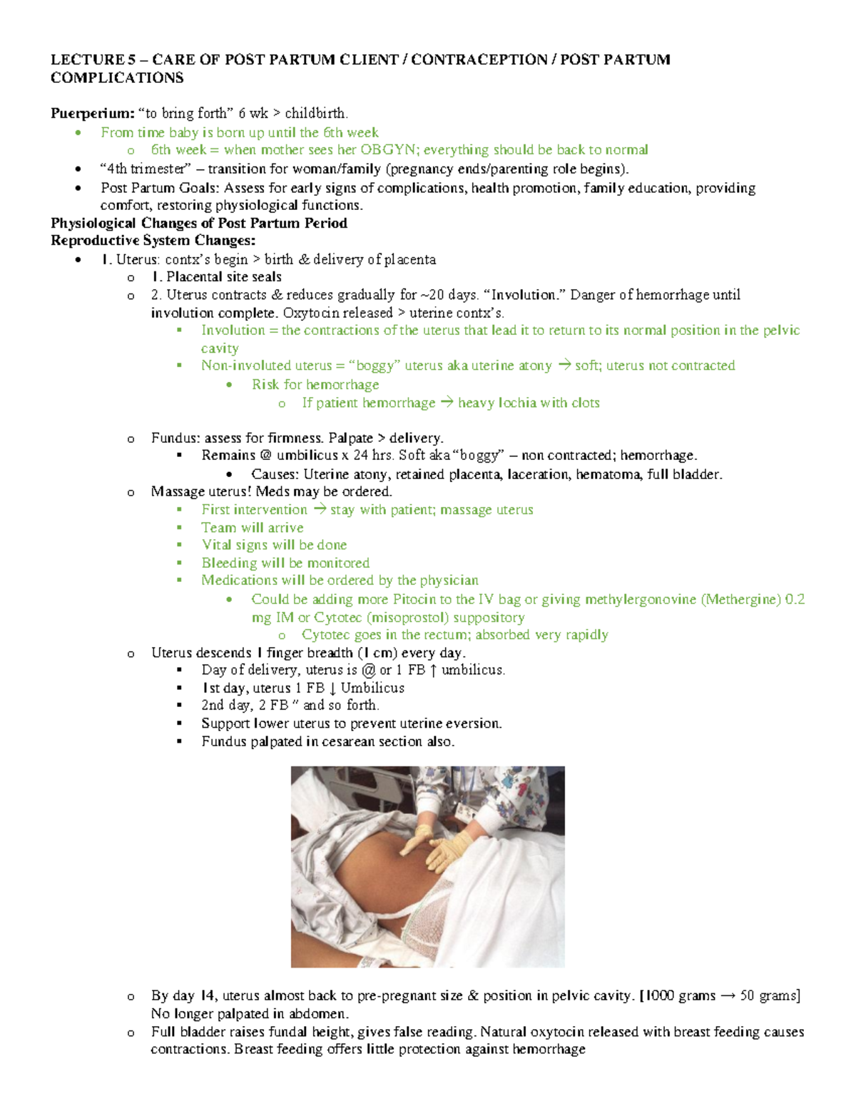 NUR 410A Exam 3 Notes - LECTURE 5 – CARE OF POST PARTUM CLIENT ...