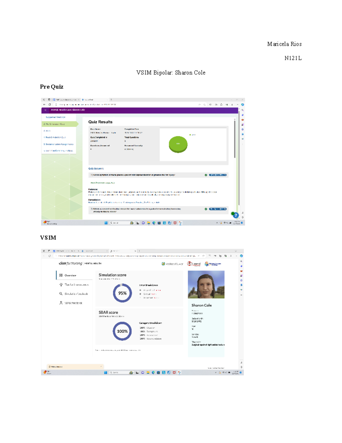 VSIM Bipolar Sharon Cole - Maricela Rios N121L VSIM Bipolar: Sharon Cole Pre Quiz VSIM Post Quiz ...