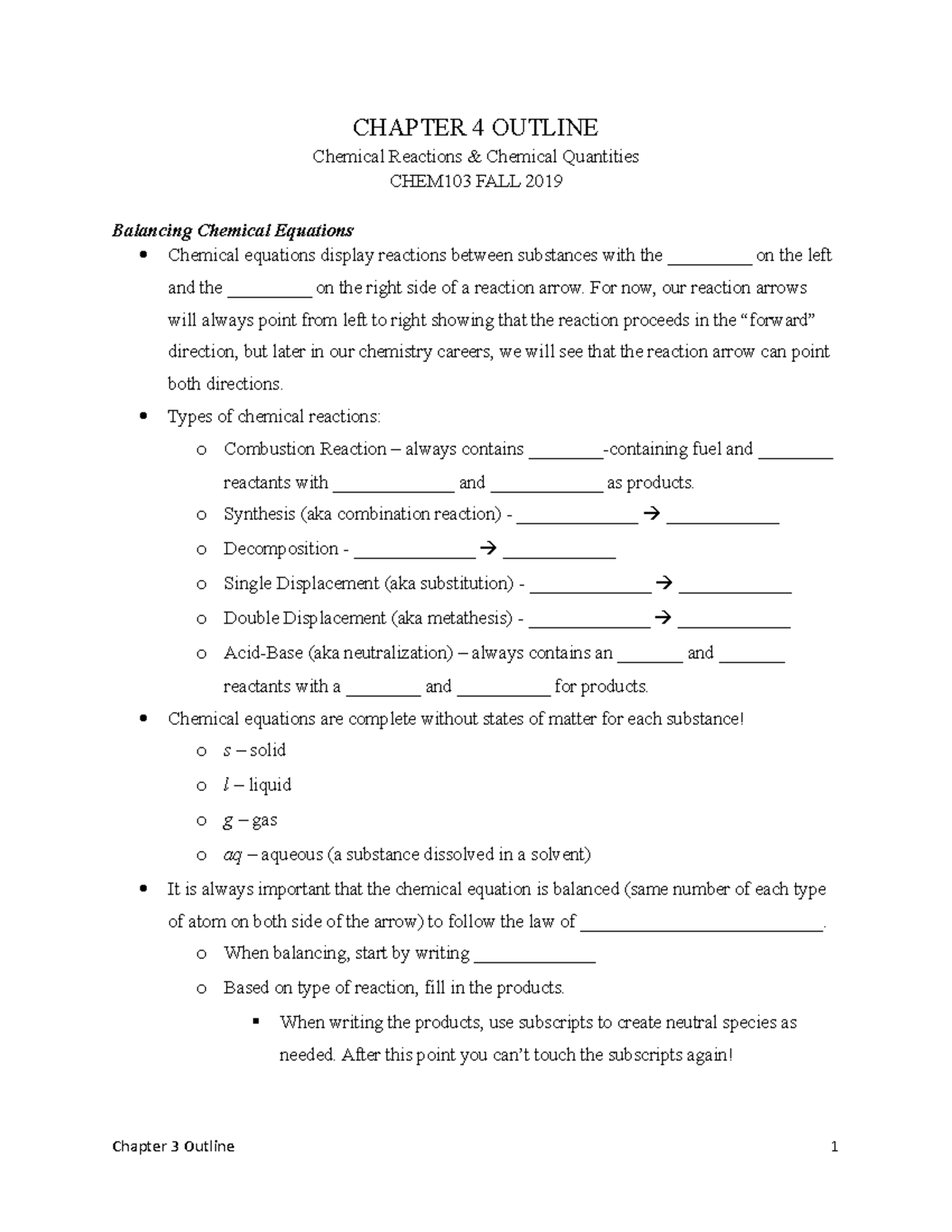 Chapter 4 Outline - CHAPTER 4 OUTLINE Chemical Reactions & Chemical ...