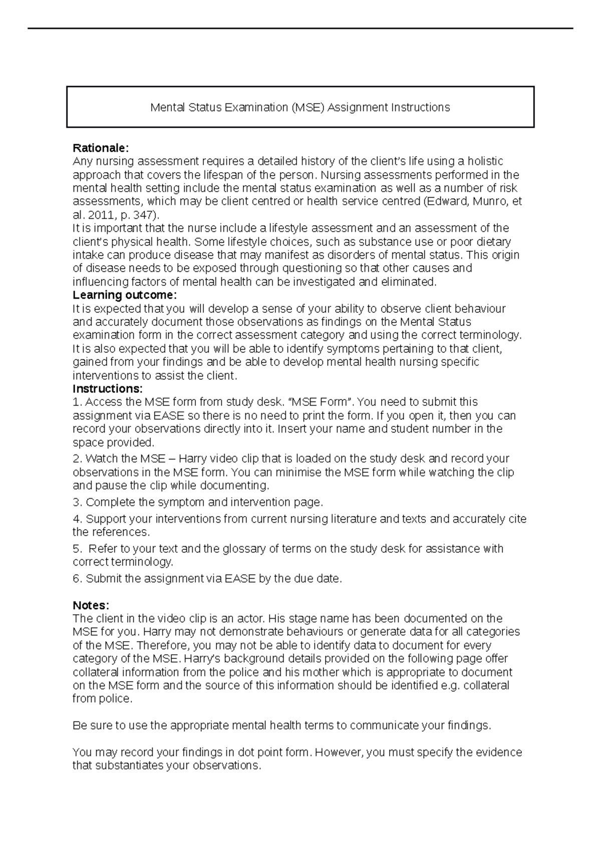 Mental Status Examination (MSE) Assignment Instructions - Mental Status ...