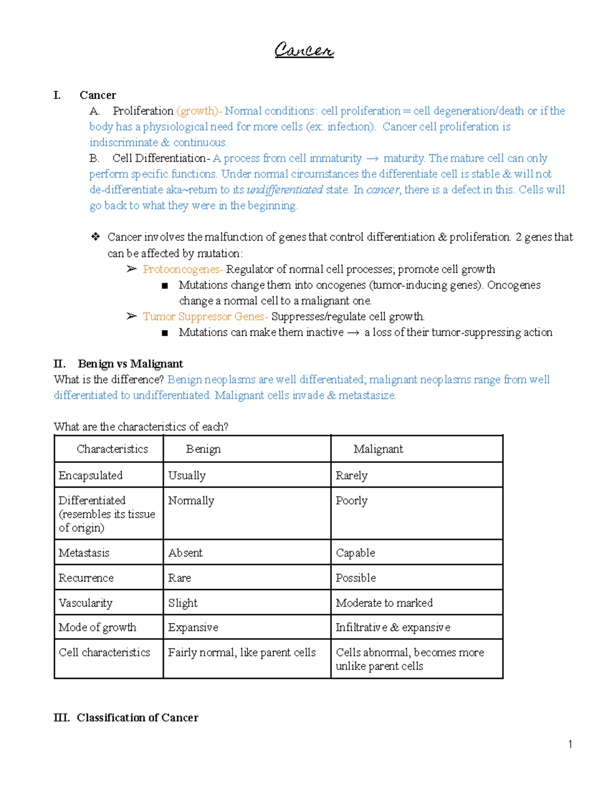 CH15~Cancer 2 - Cancer notes - Cancer I. Cancer A. Proliferation ...