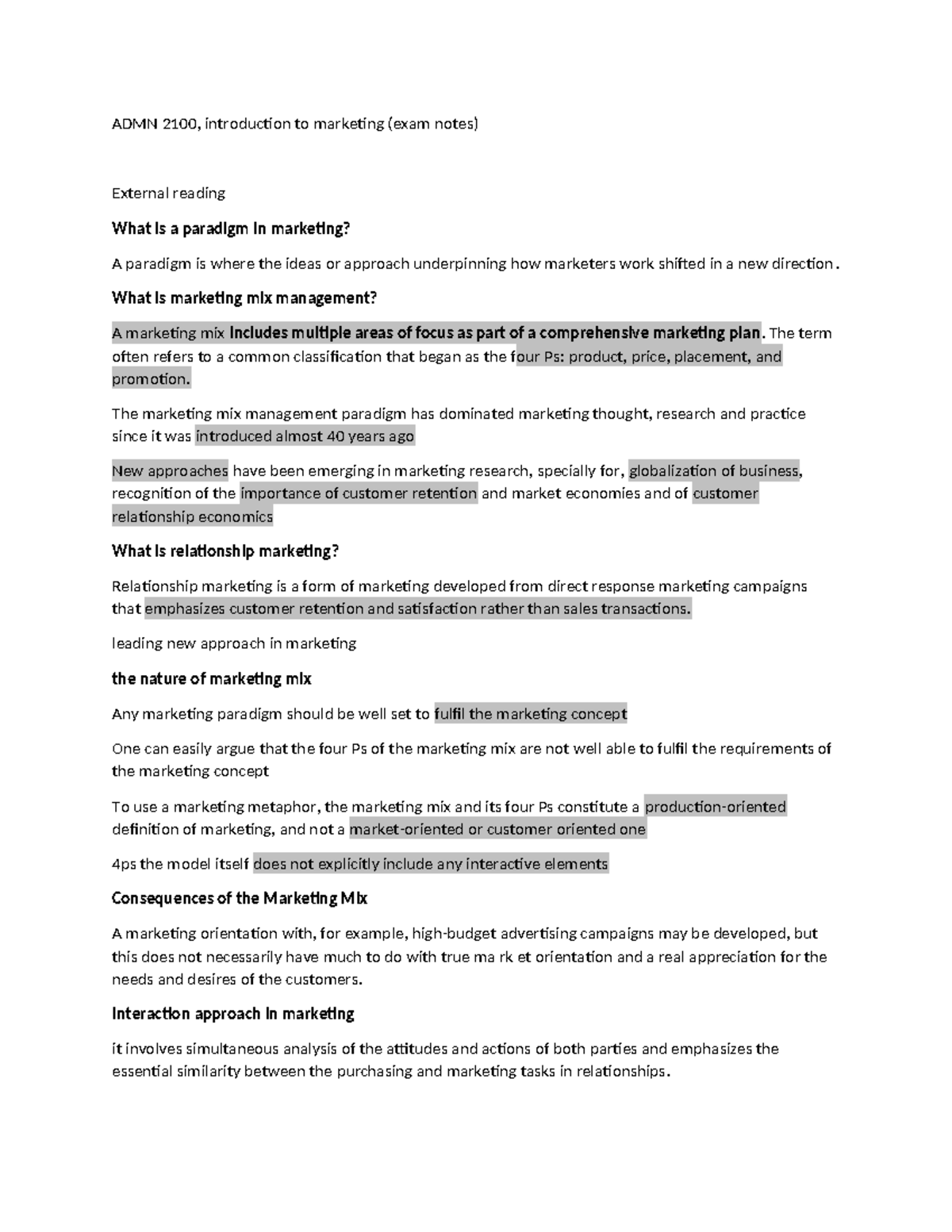 ADMN 2100 intro to marketing exam notes - ADMN 2100, introduction to ...