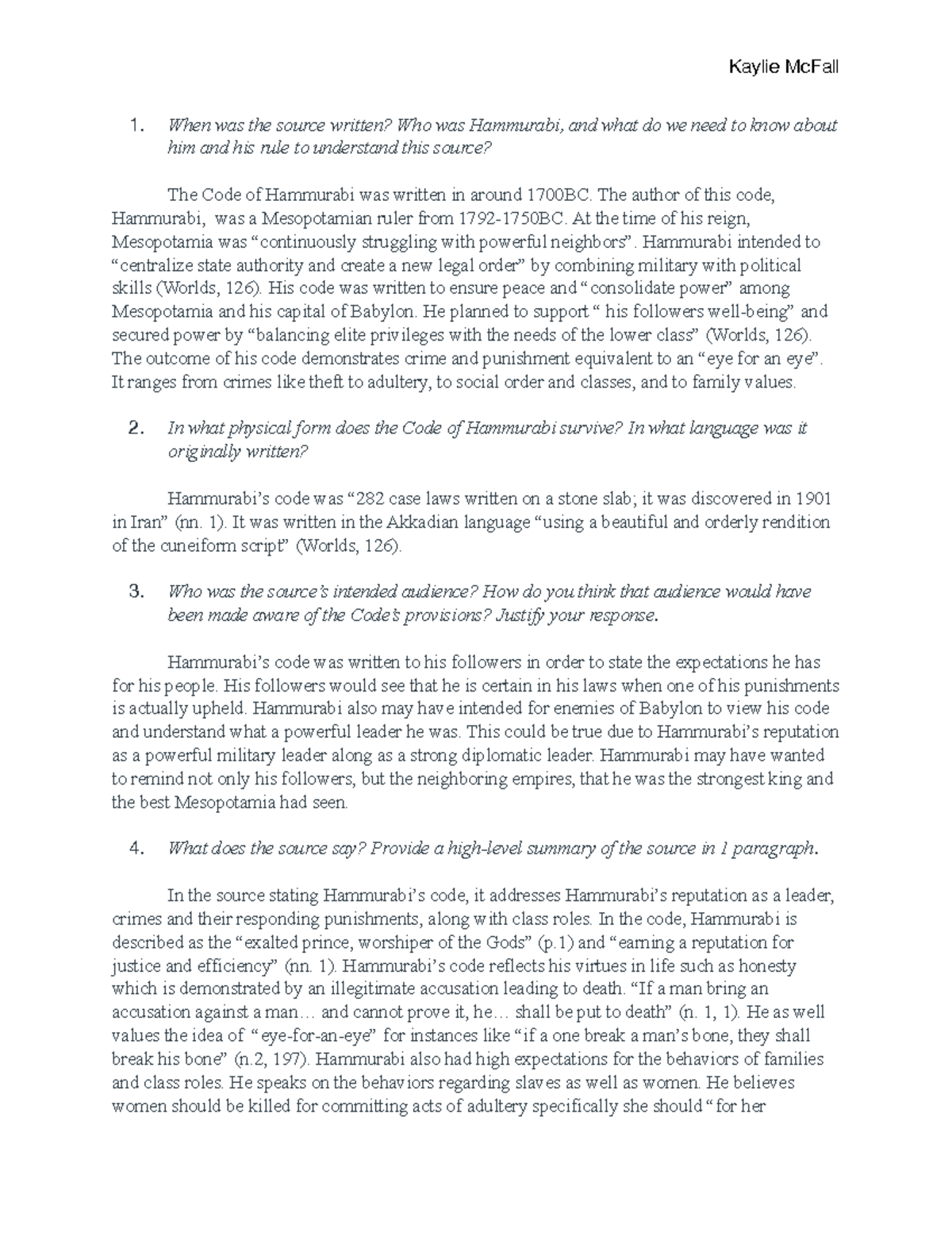 Hammurabi's Code- Primary Source 1 - Kaylie McFall 1. When was the ...