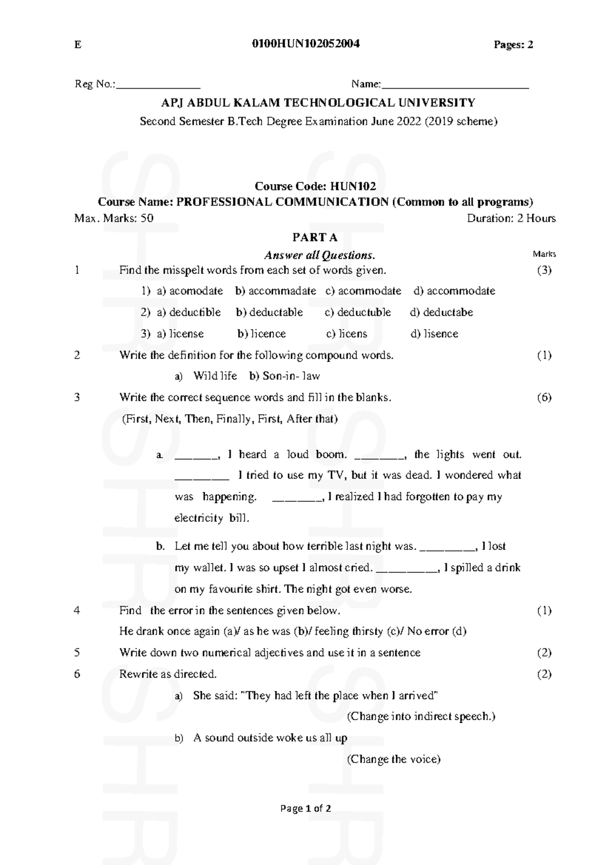 HUN102-B - 0100HUN Page 1 of 2 Course Code: HUN 102 Course Name ...