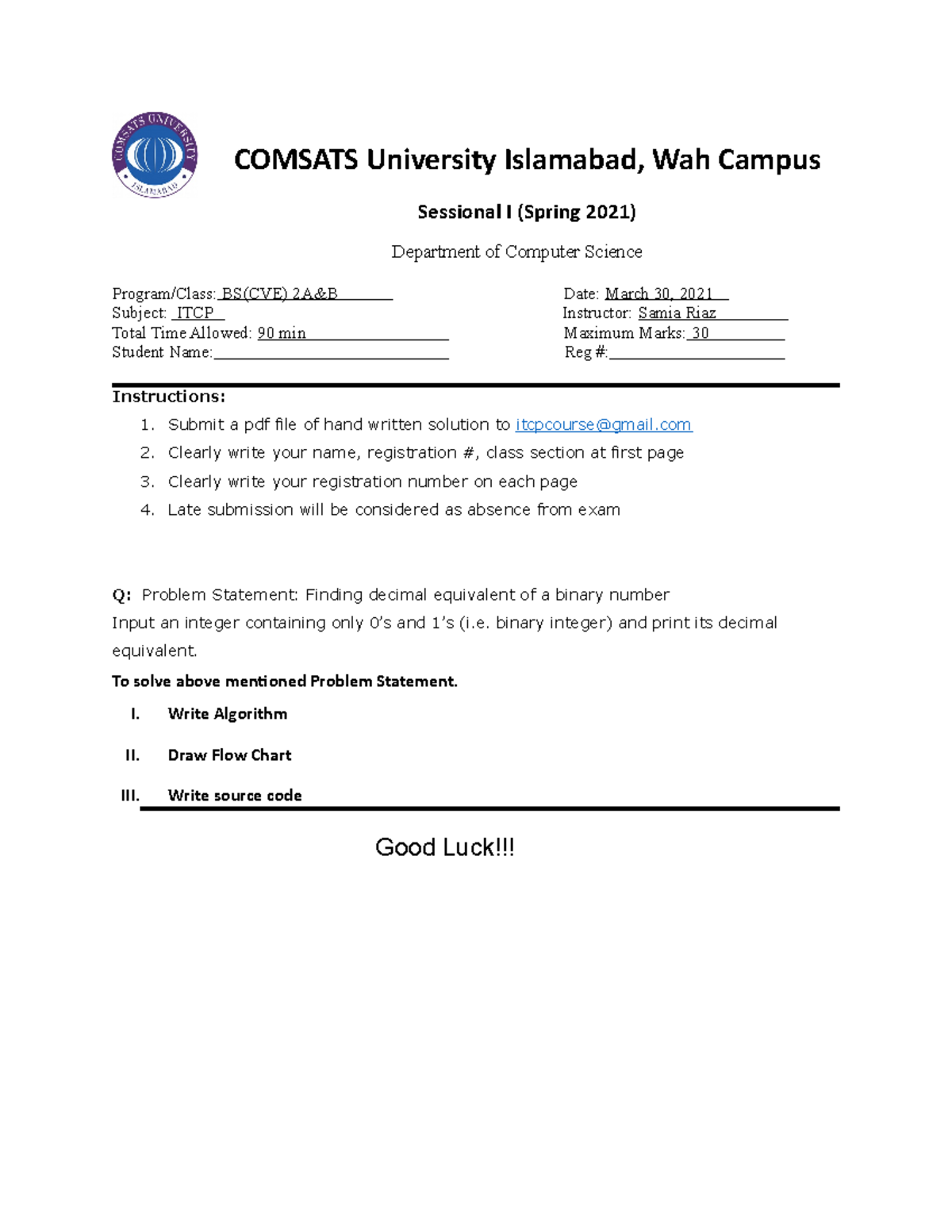 Itcp Csc 141 Sessional Paper Comsats University Islamabad Wah Campus Sessional I Spring 