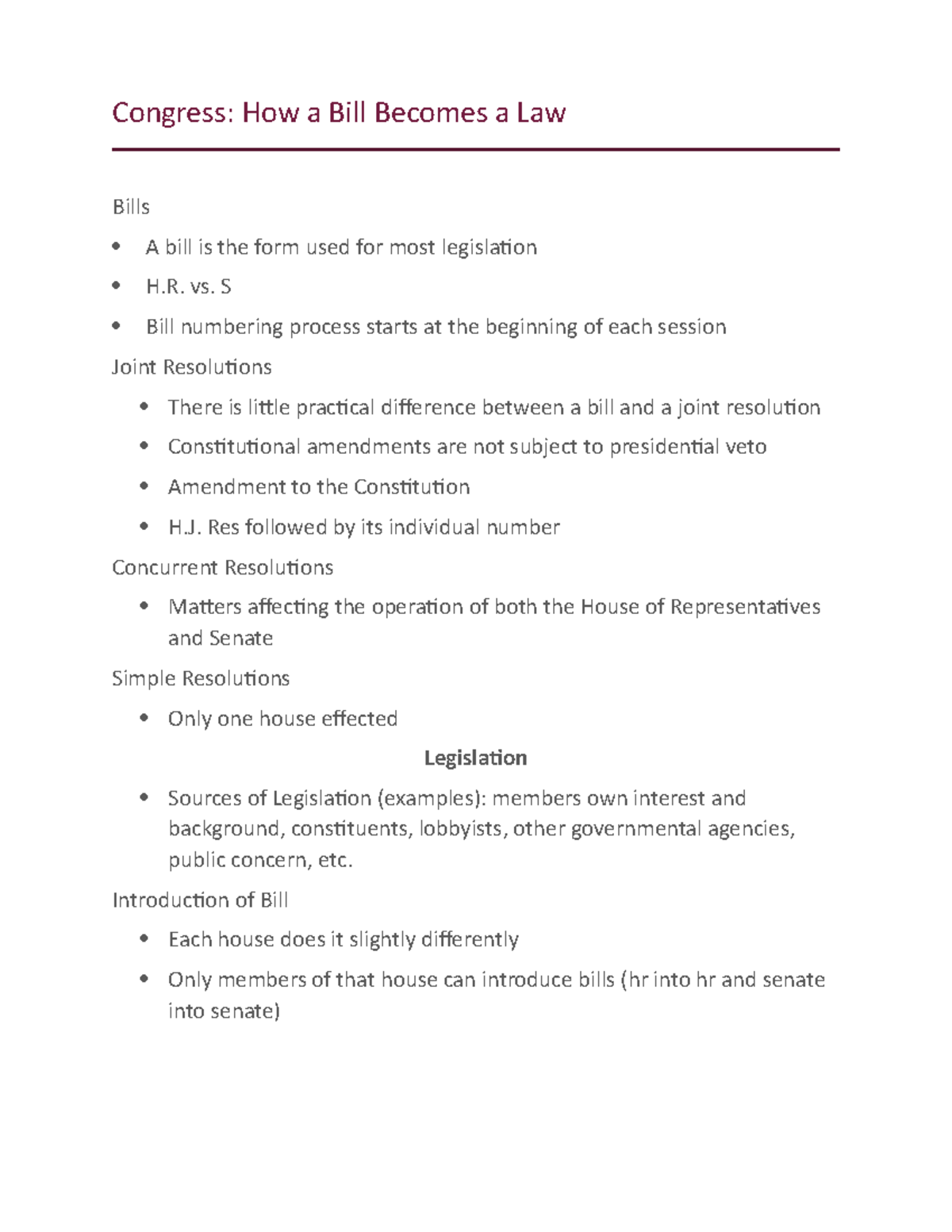 Government Notes 10:4:18 - Congress: How a Bill Becomes a Law Bills A ...