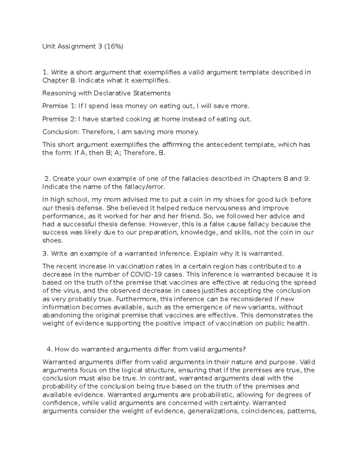 Unit Assignment 3 - q&a - Unit Assignment 3 (16%) Write a short argument that exemplifies a ...