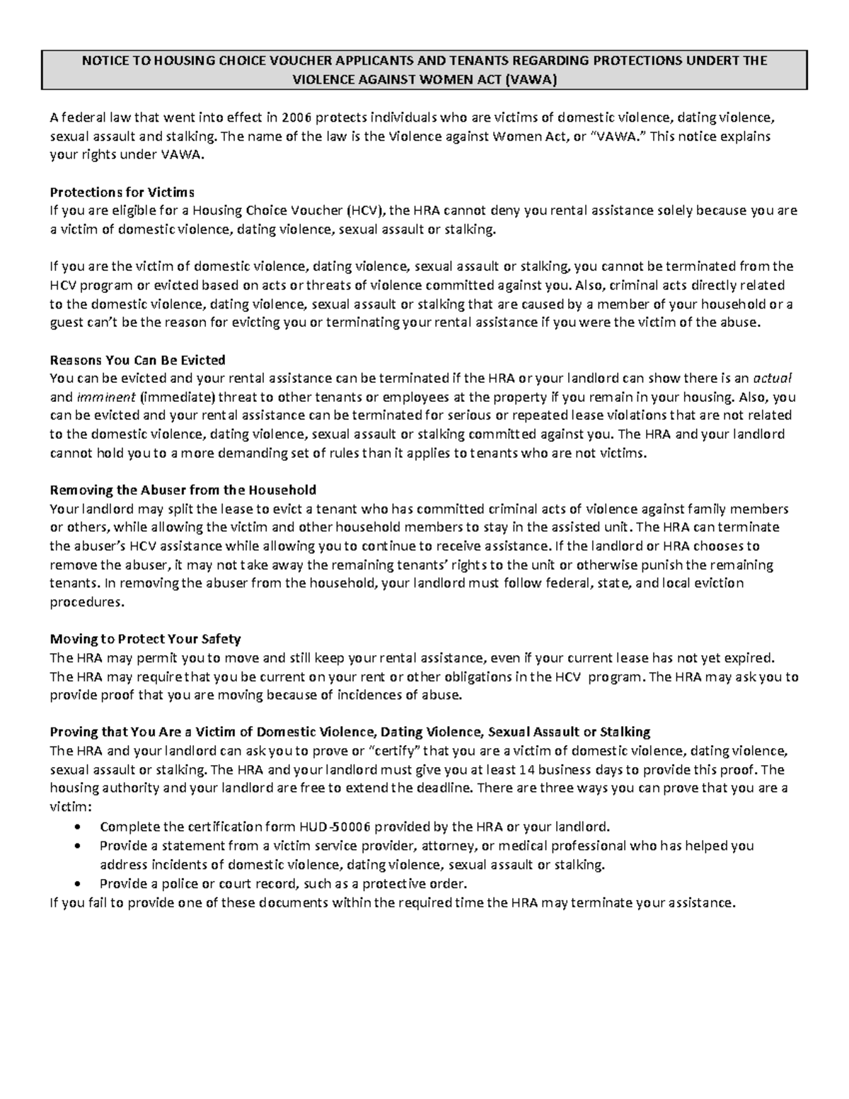 VAWA Notice Applicant Tenant - NOTICE TO HOUSING CHOICE VOUCHER ...