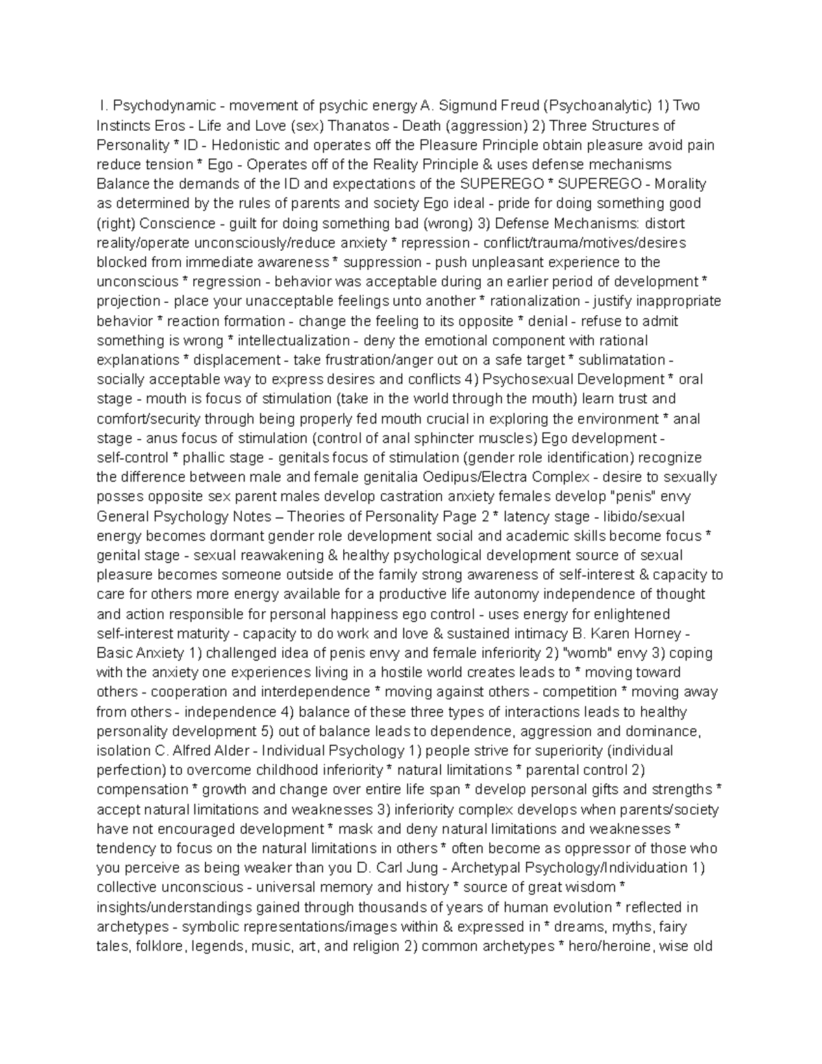 P 1 - chapter 4 notes - I. Psychodynamic - movement of psychic energy A ...