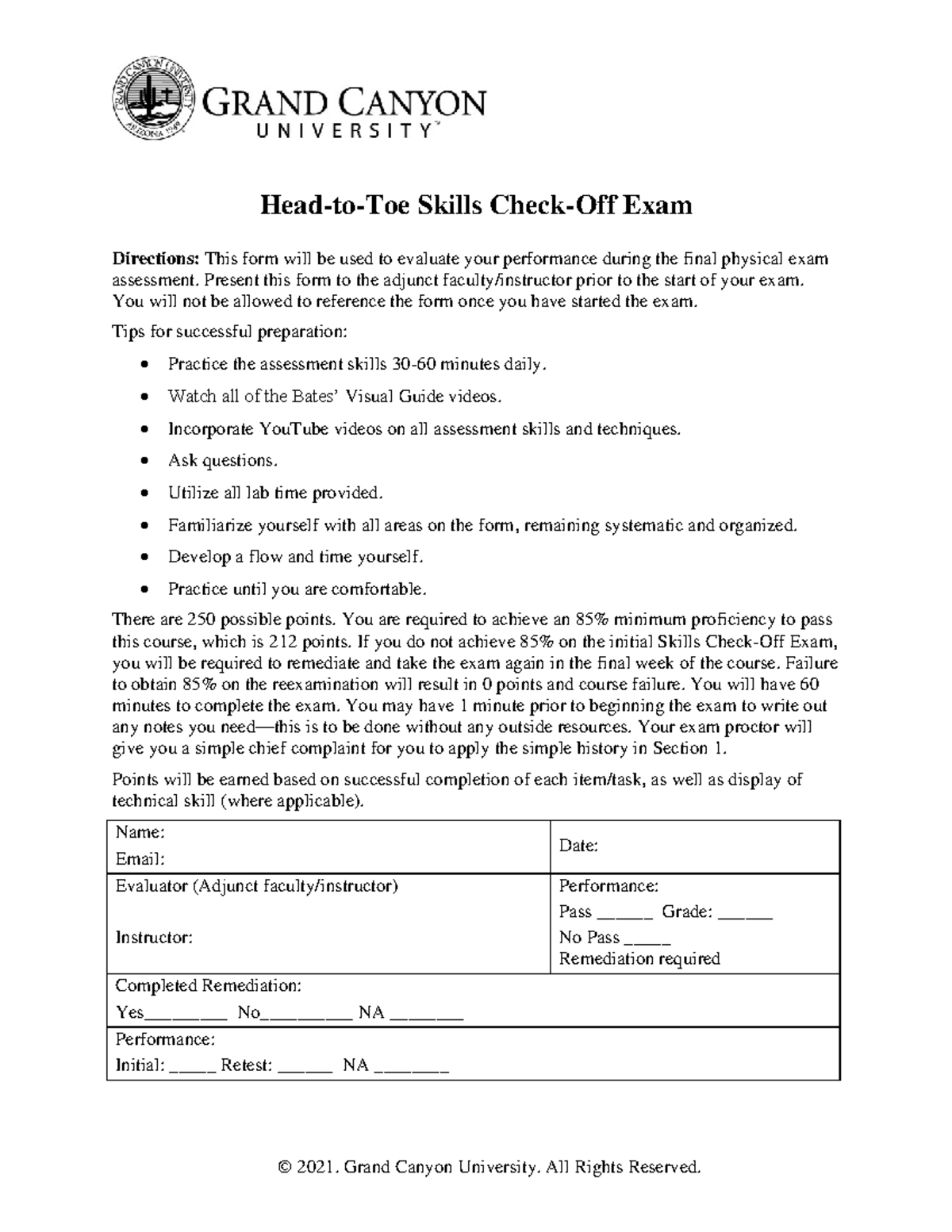 Head to Toe Skills Check Off Exam - © 2021. Grand Canyon University ...