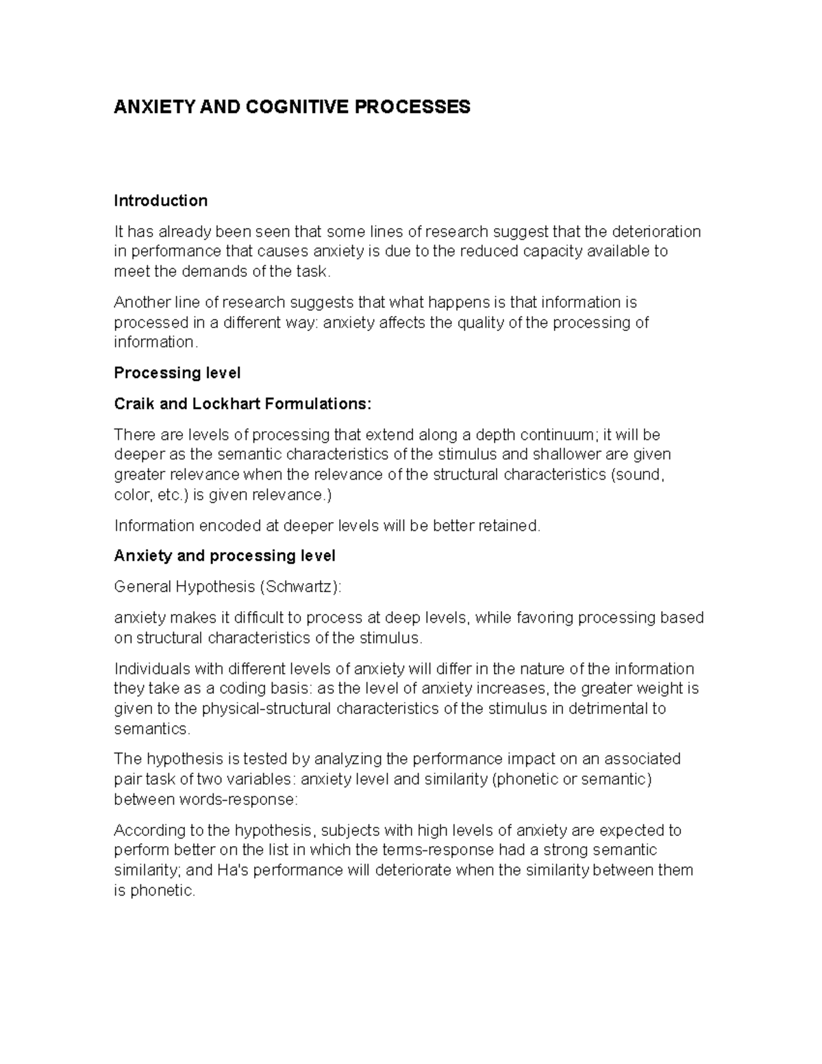 Anxiety and cognitive processes - ANXIETY AND COGNITIVE PROCESSES ...