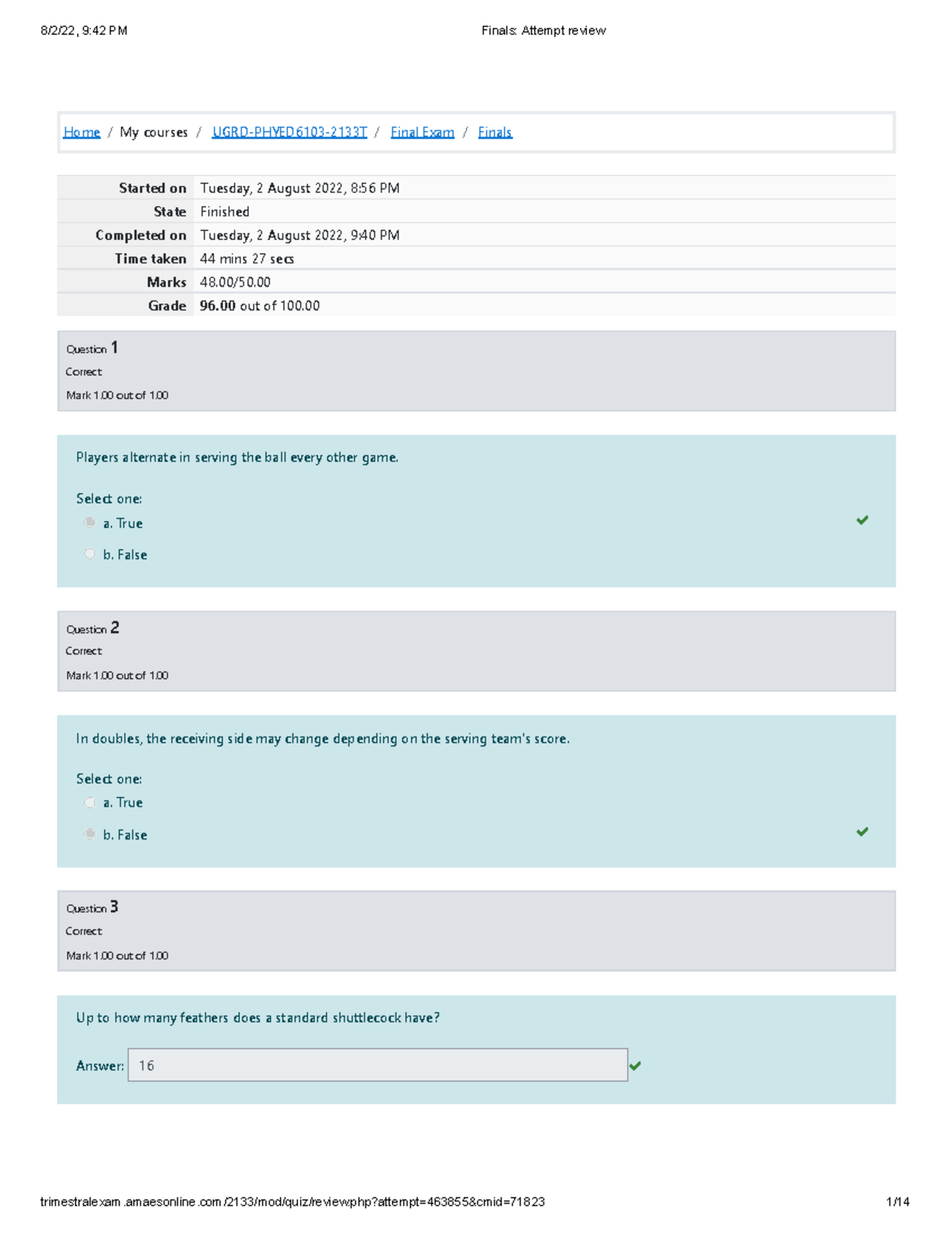 Individual Dual Sports Final Exam Attempt review - Home / My courses ...