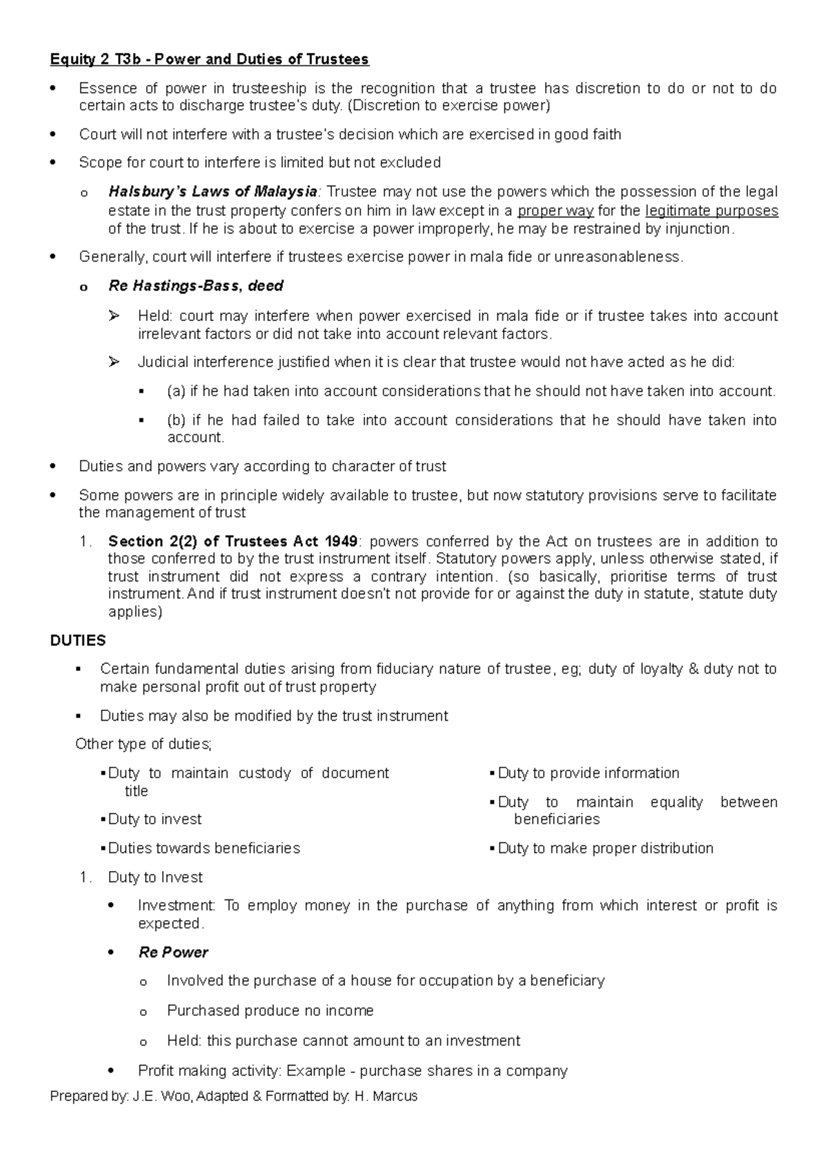Equity 2 T3b - Power and Duties of Trustees - (Discretion to exercise power) Court will not ...