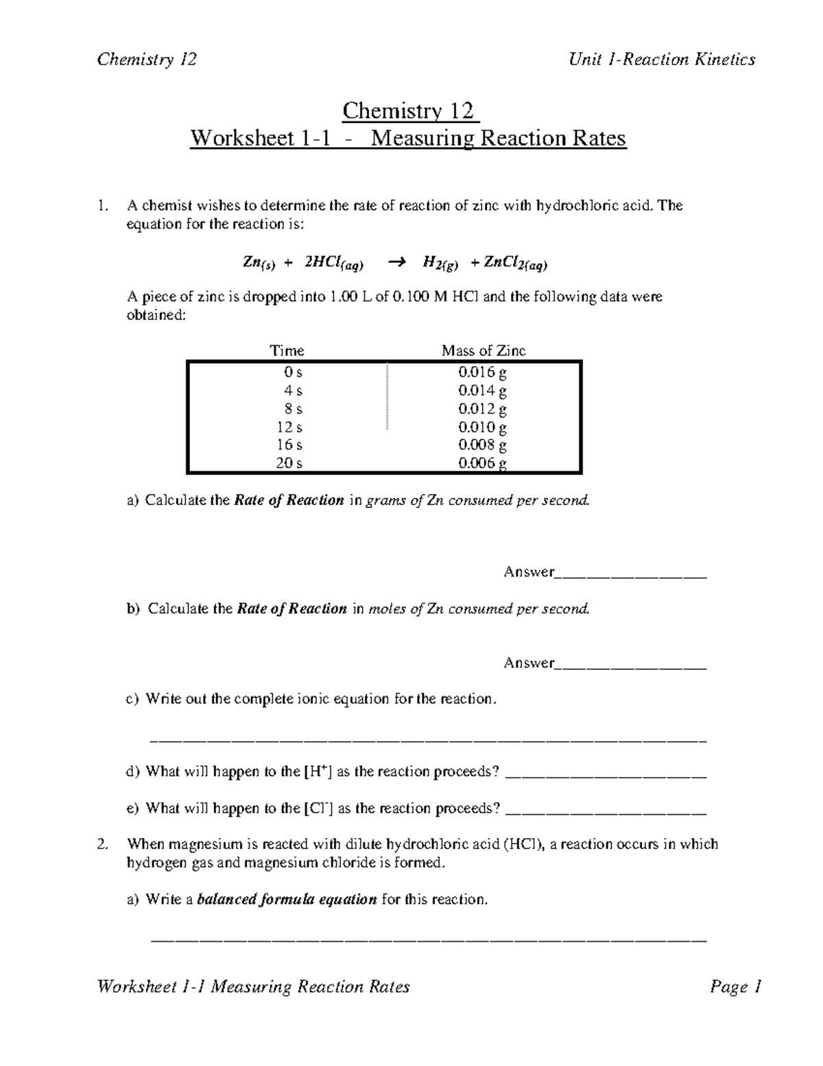 Worksheet 1-1 rates - practice material - Chemistry 12 Worksheet 1-1 ...