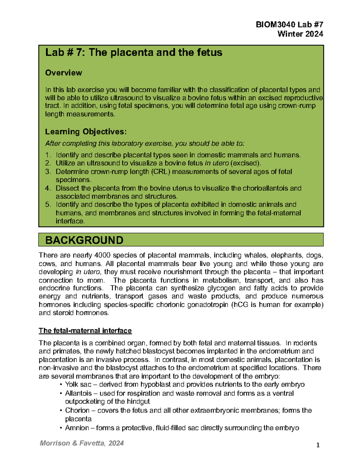 BIOM3040 Lab#7 Booklet W24 - Lab # 7: The placenta and the fetus ...