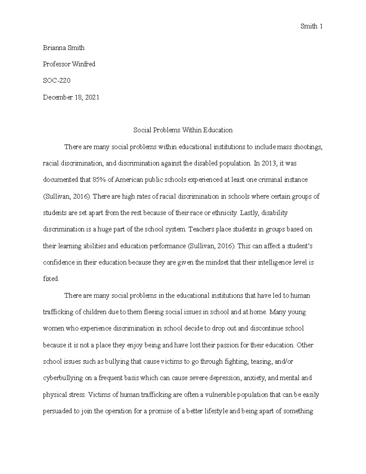 Social problems in education - Brianna Smith Professor Winfred SOC ...