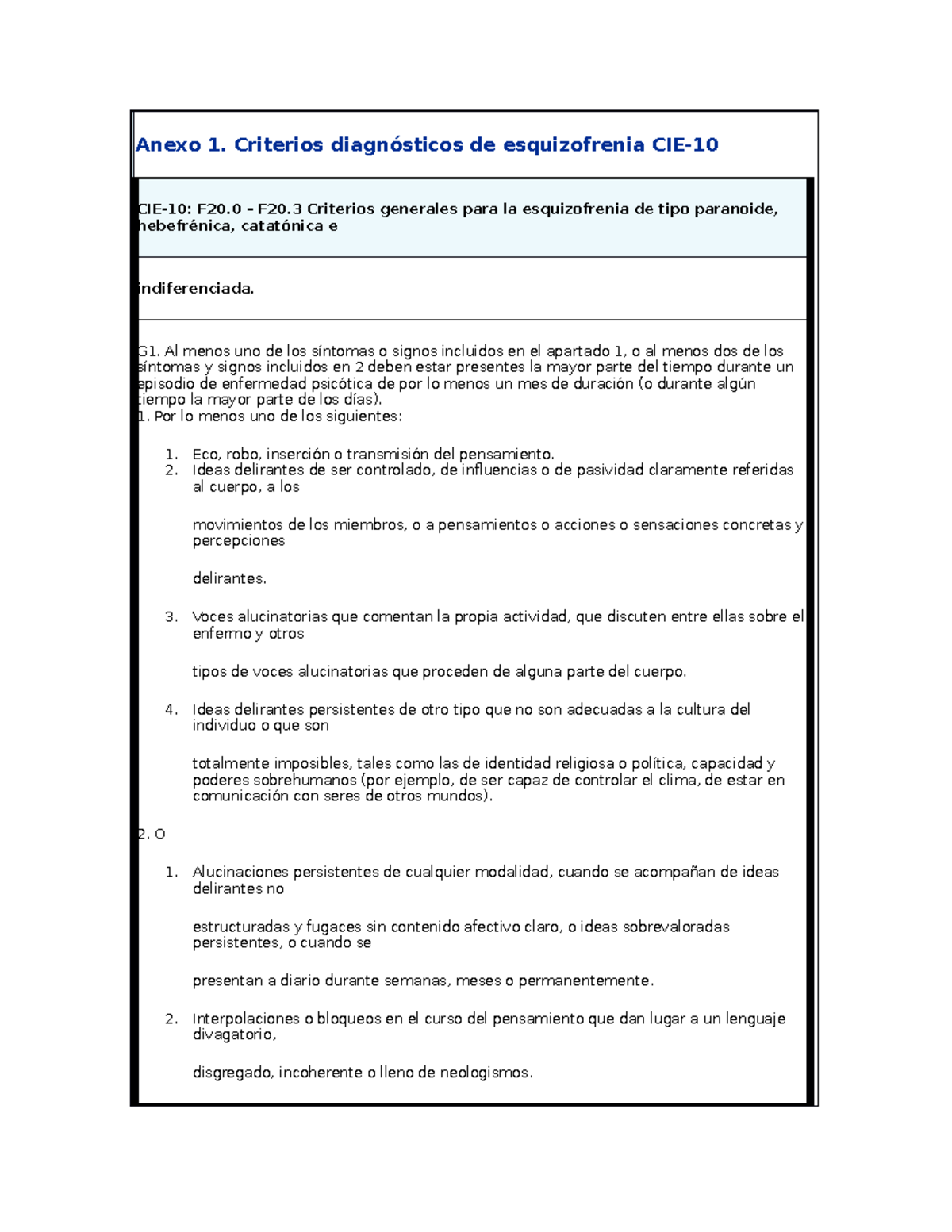 CIE - jujjkkk - Anexo 1. Criterios diagnósticos de esquizofrenia CIE- 10 CIE-10: F20 – F20 - Studocu