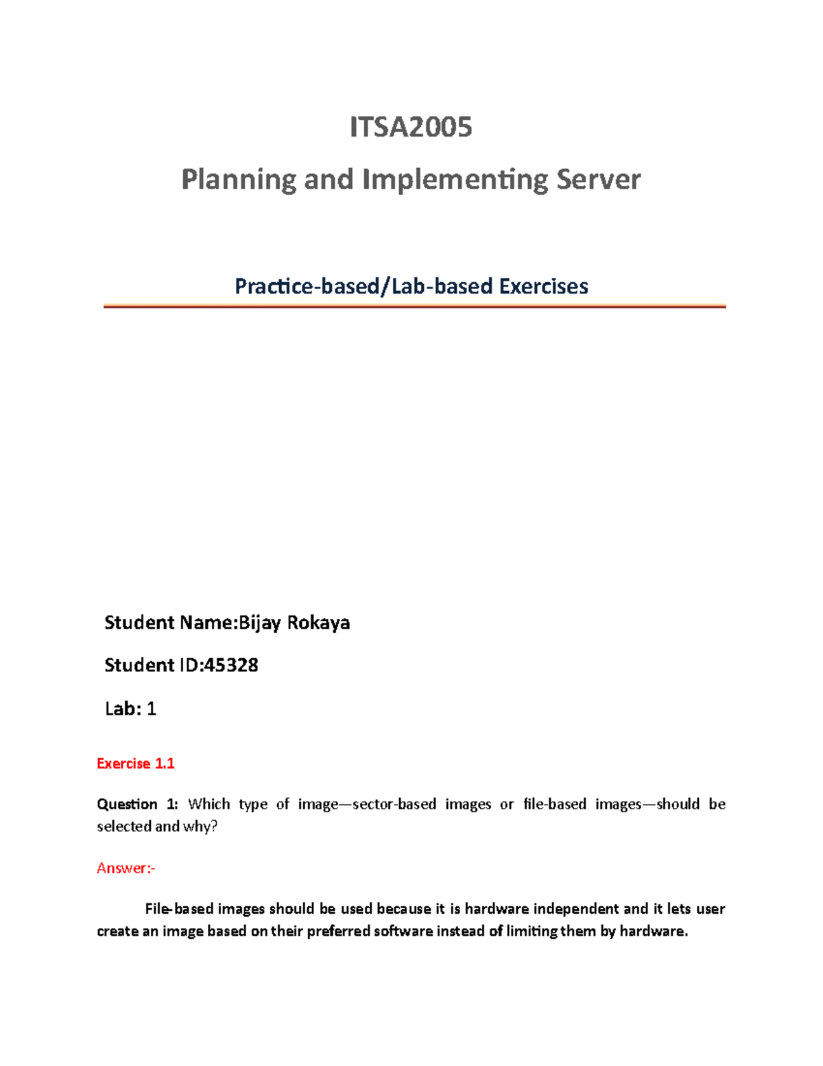 Lab 1 planning and impleminting - ITSA Planning and Implementing Server ...