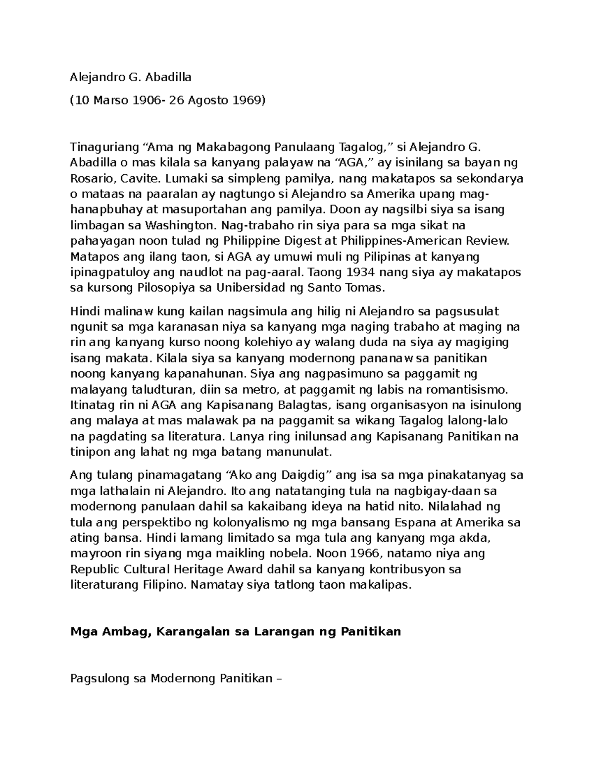 Alejandro G Abadilla - Alejandro G. Abadilla (10 Marso 1906- 26 Agosto ...