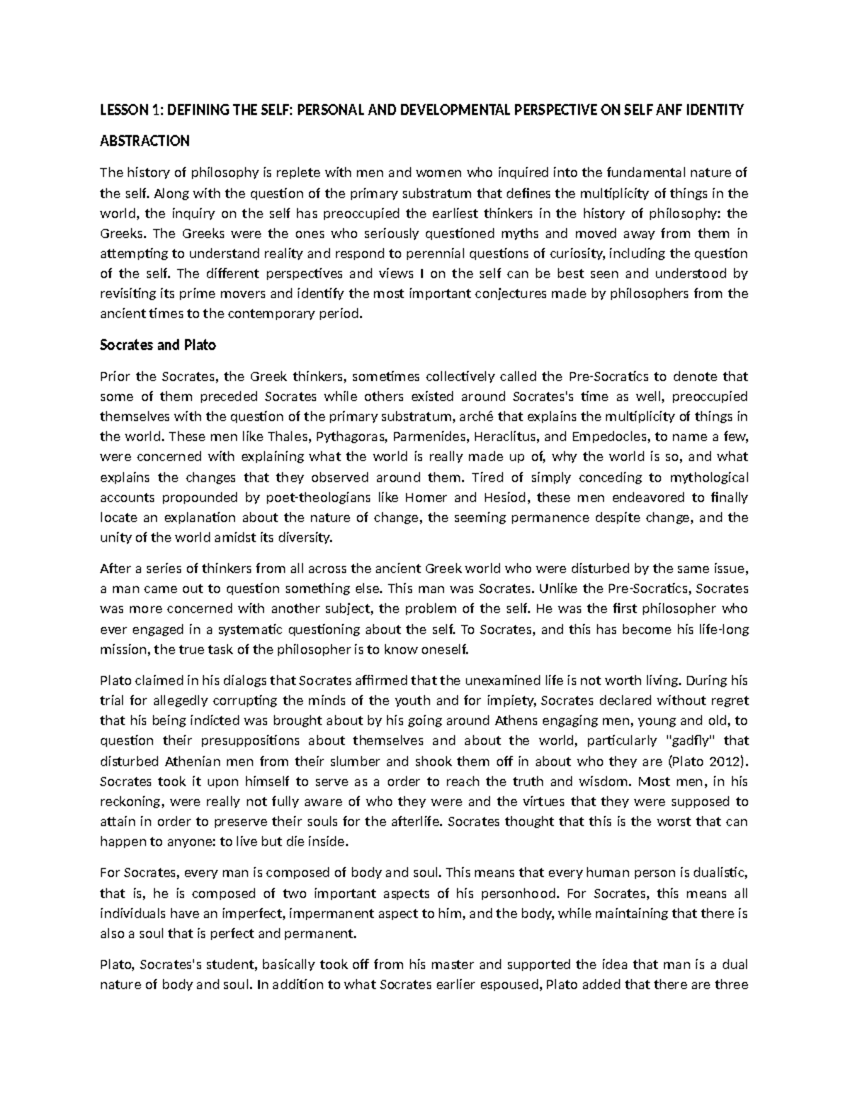 UTS 1 - to help you review - LESSON 1: DEFINING THE SELF: PERSONAL AND ...