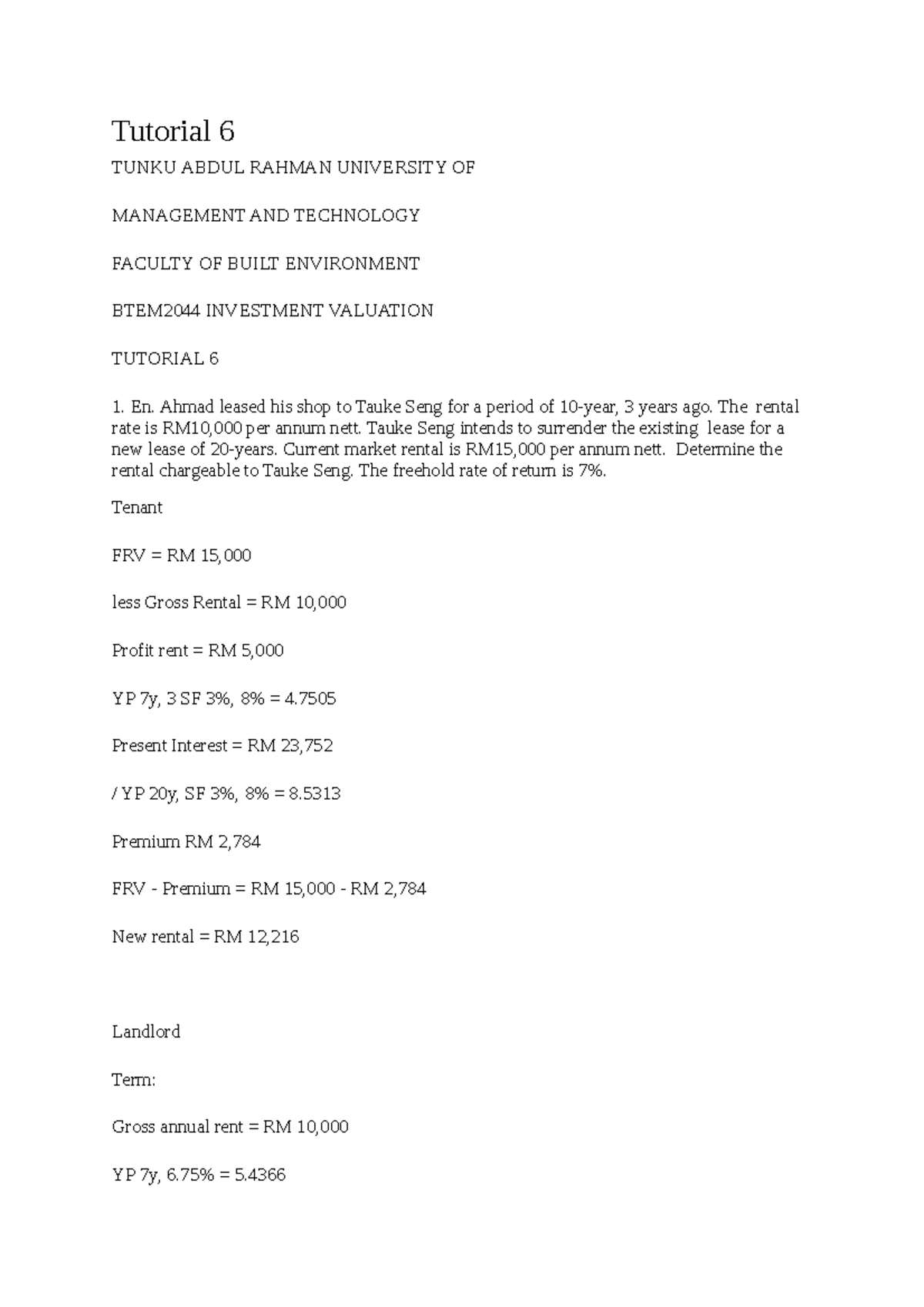 Investment Valuation Tutorial 6 - Tutorial 6 TUNKU ABDUL RAHMAN ...