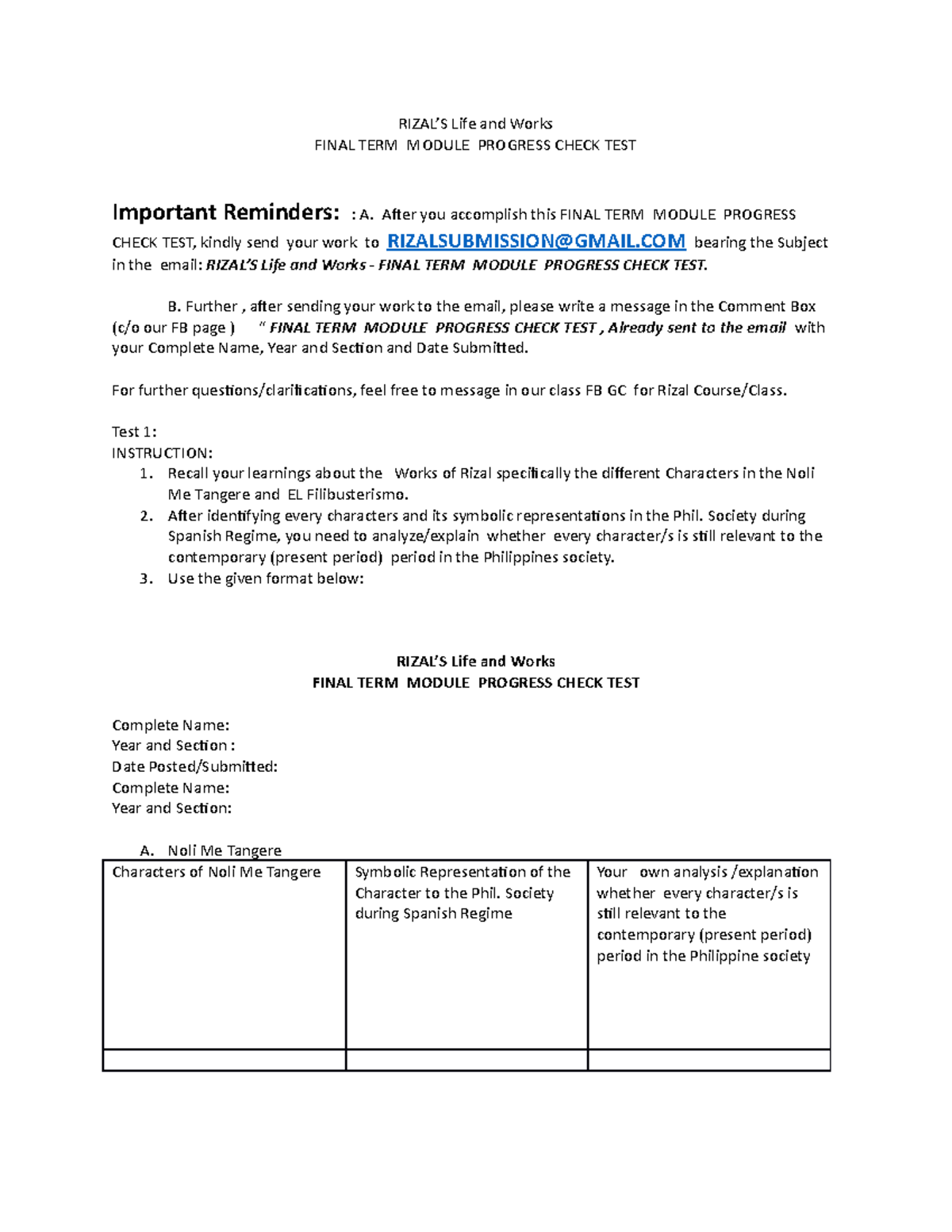Final TERM Module Progress Check TEST - RIZAL’S Life and Works FINAL ...